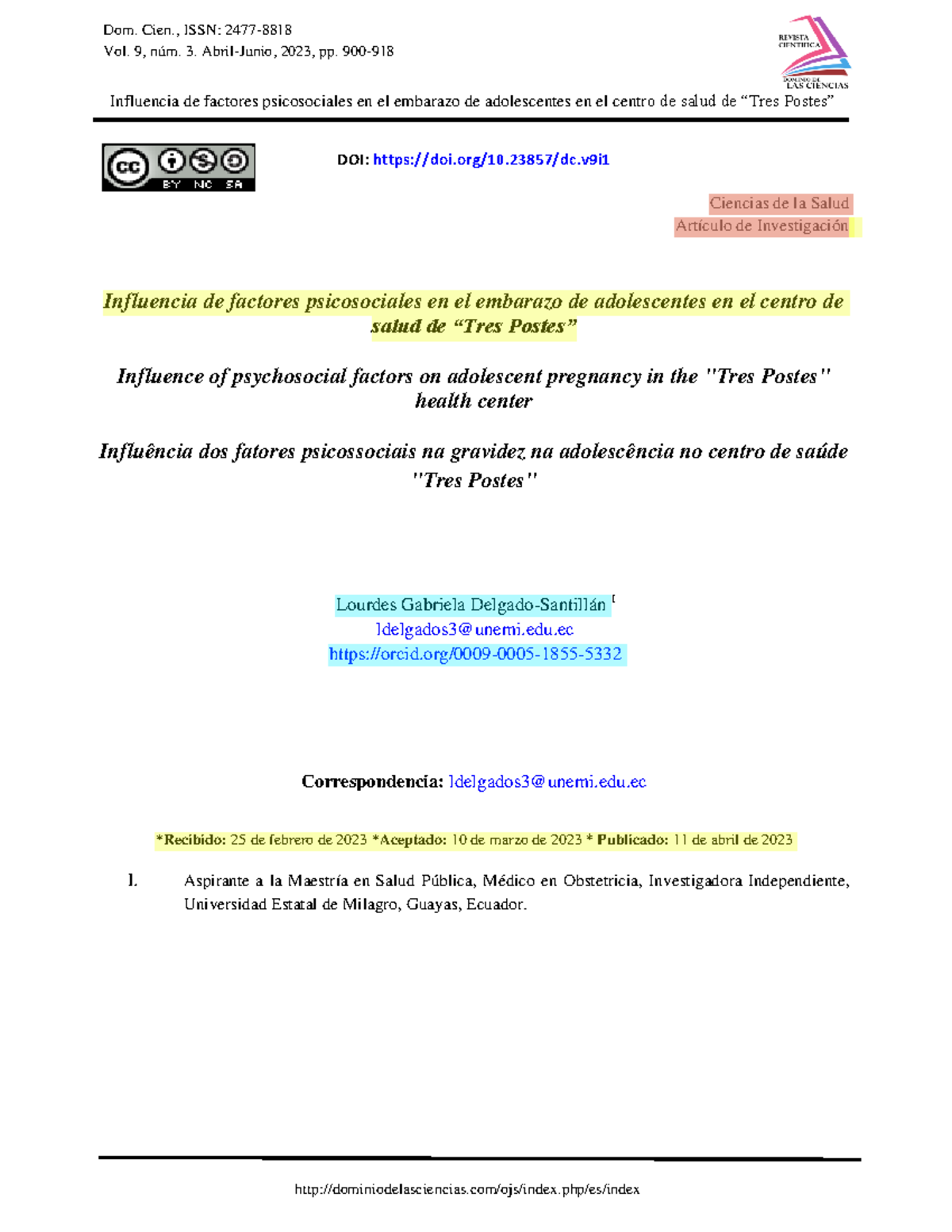 Articulo cientifico - ####### DOI: doi/10.23857/dc.v9i Vol. 9 , núm. 3 ...