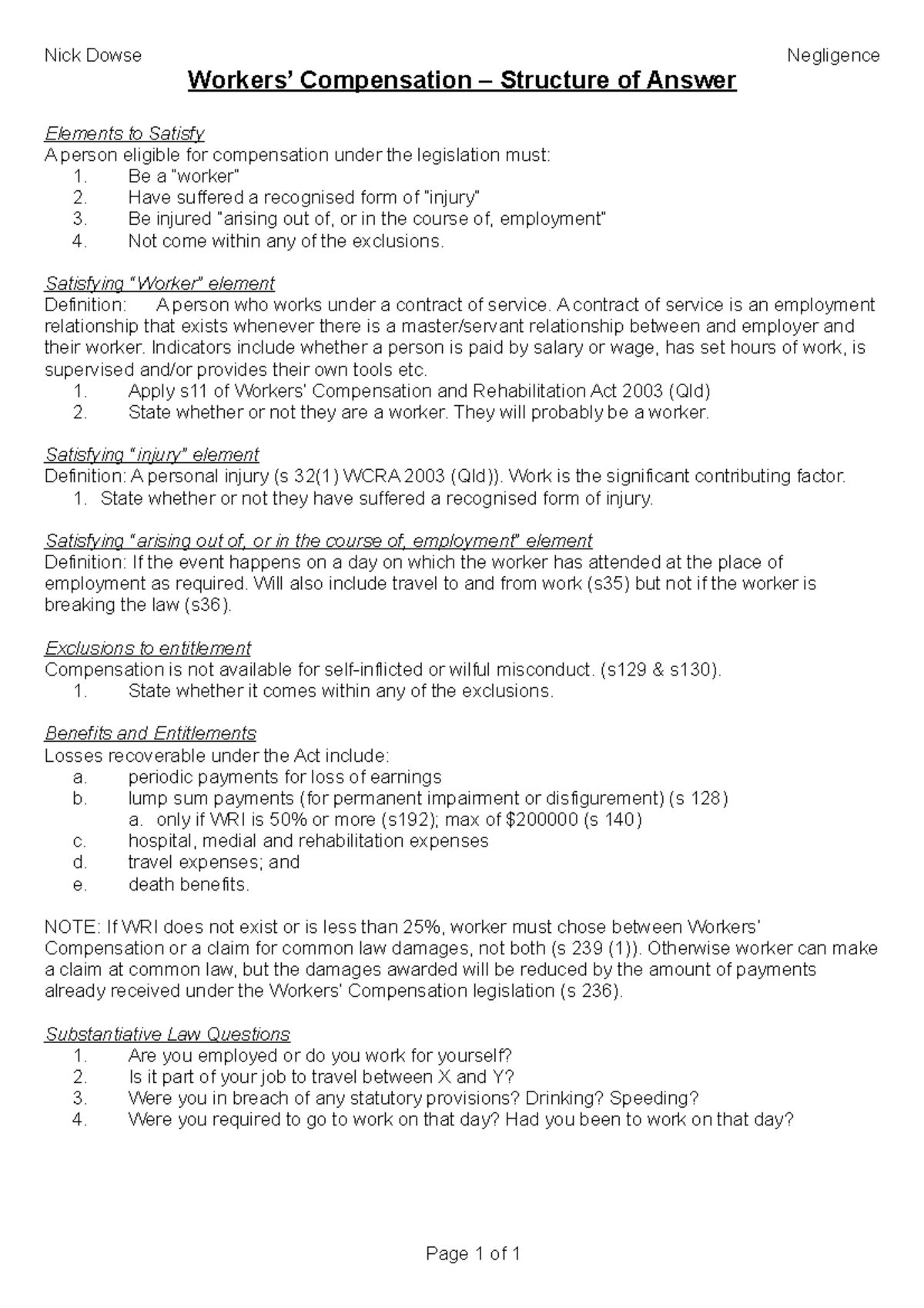 Workers' Compensation - Answer Structure - Nick Dowse Negligence ...