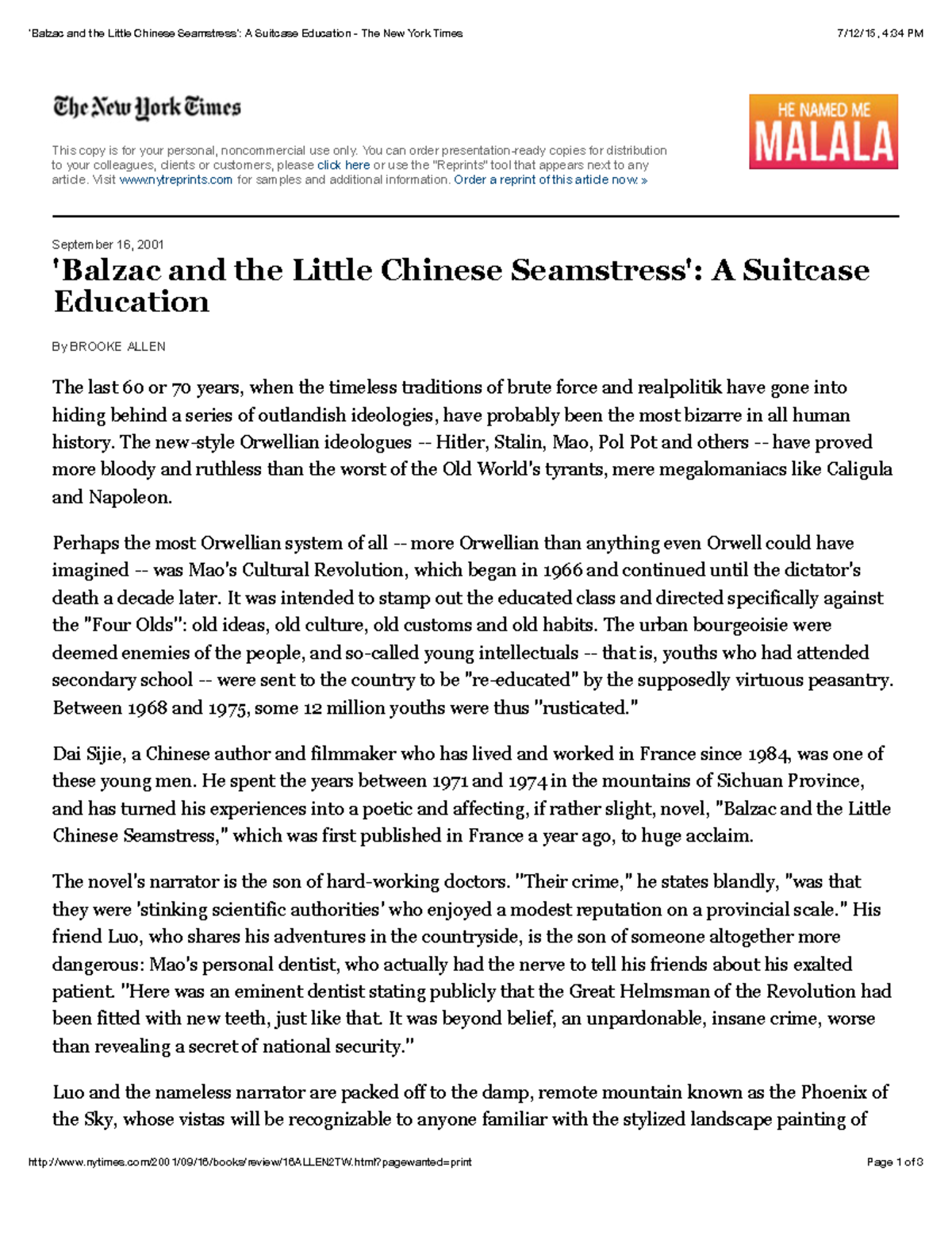 'Balzac and the Little Chinese Seamstress' A Suitcase Education - The ...