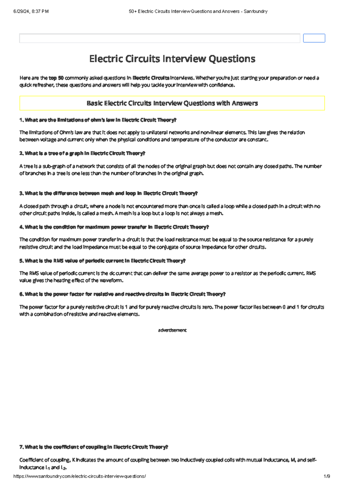 50+ Electric Circuits Interview Questions and Answers - Sanfoundry - Electric Circuits Interview ...