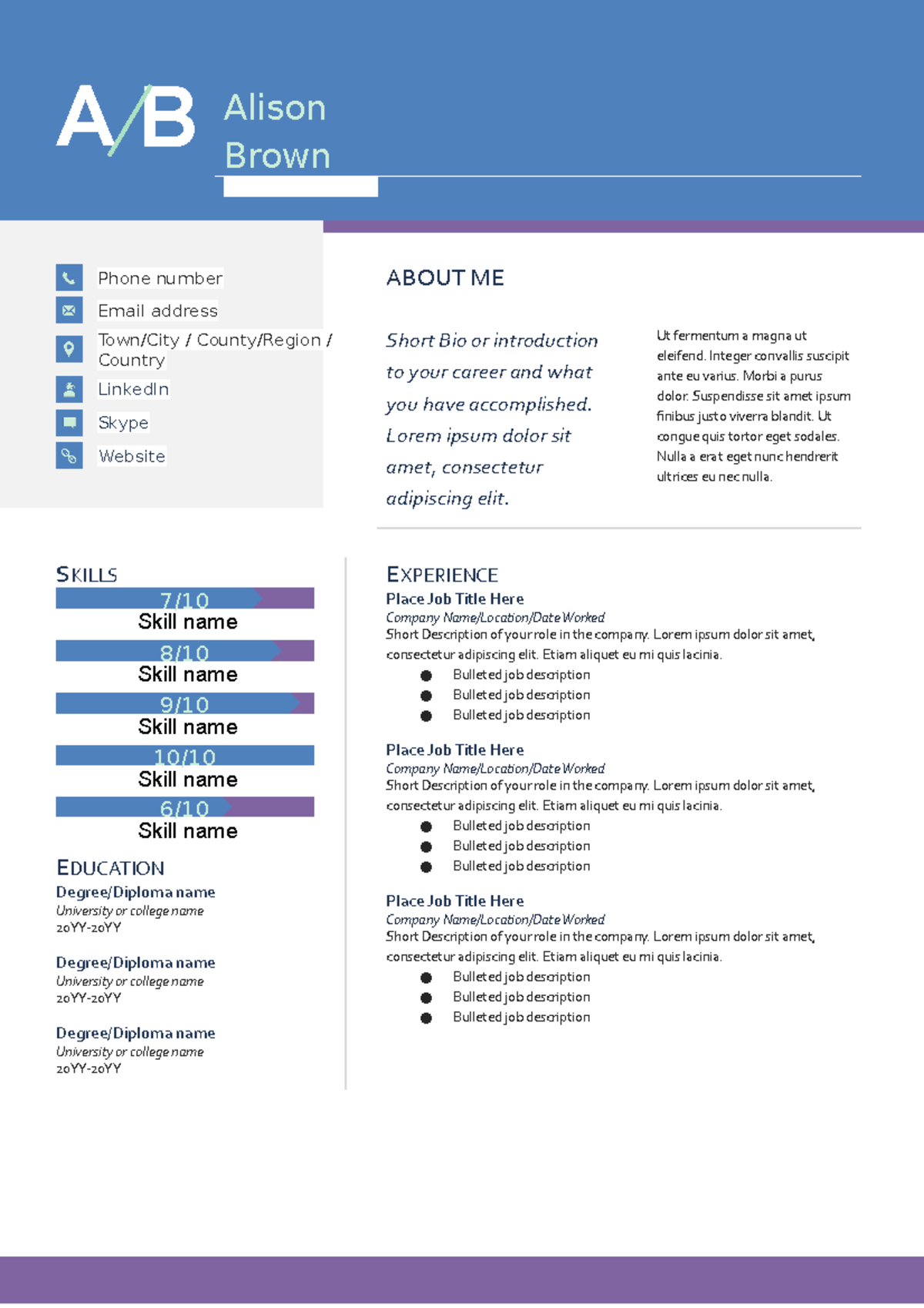 Resume-Template 3 - Alison Brown PROFESSIONAL TITLE Phone number ABOUT ...