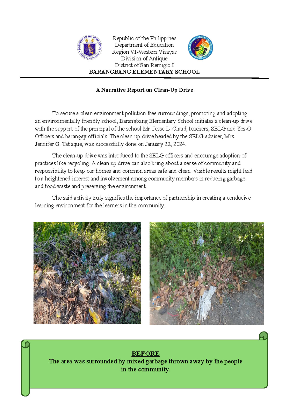 Narrative clean up drive - Republic of the Philippines Department of ...
