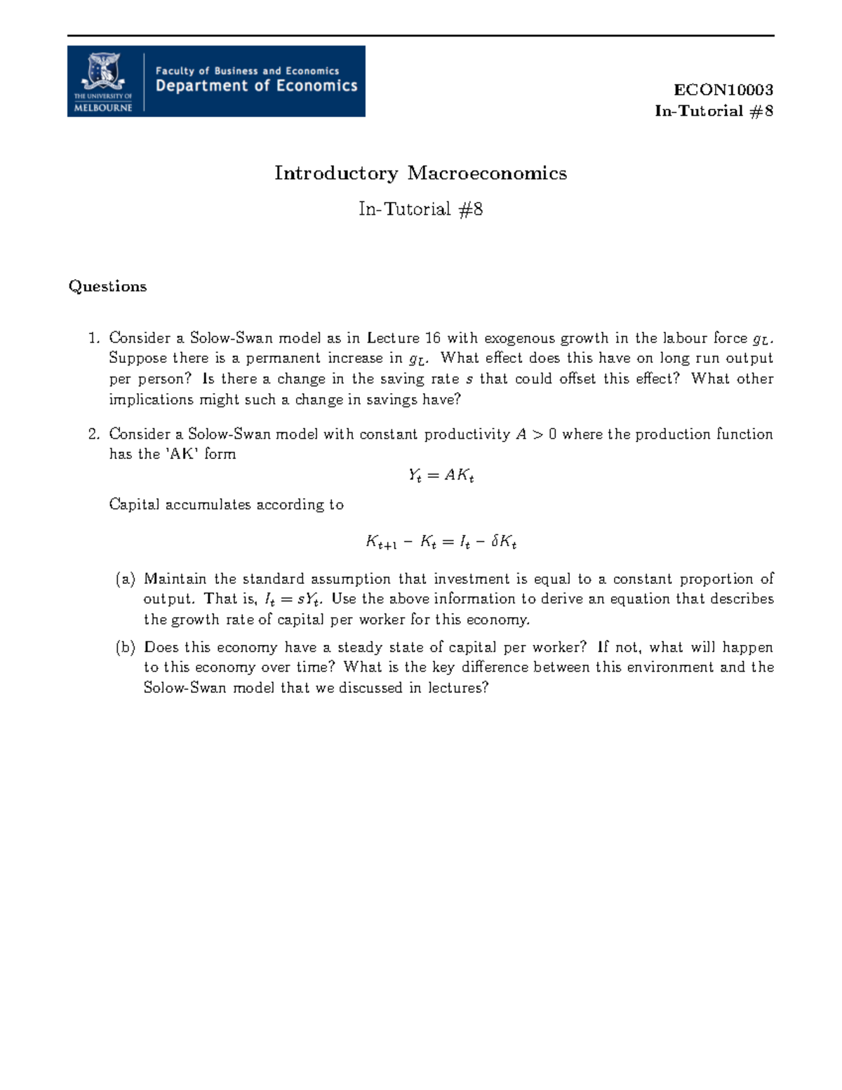 Tutorial8 No Answer Econ In Tutorial Introductory Macroeconomics In Tutorial Questions