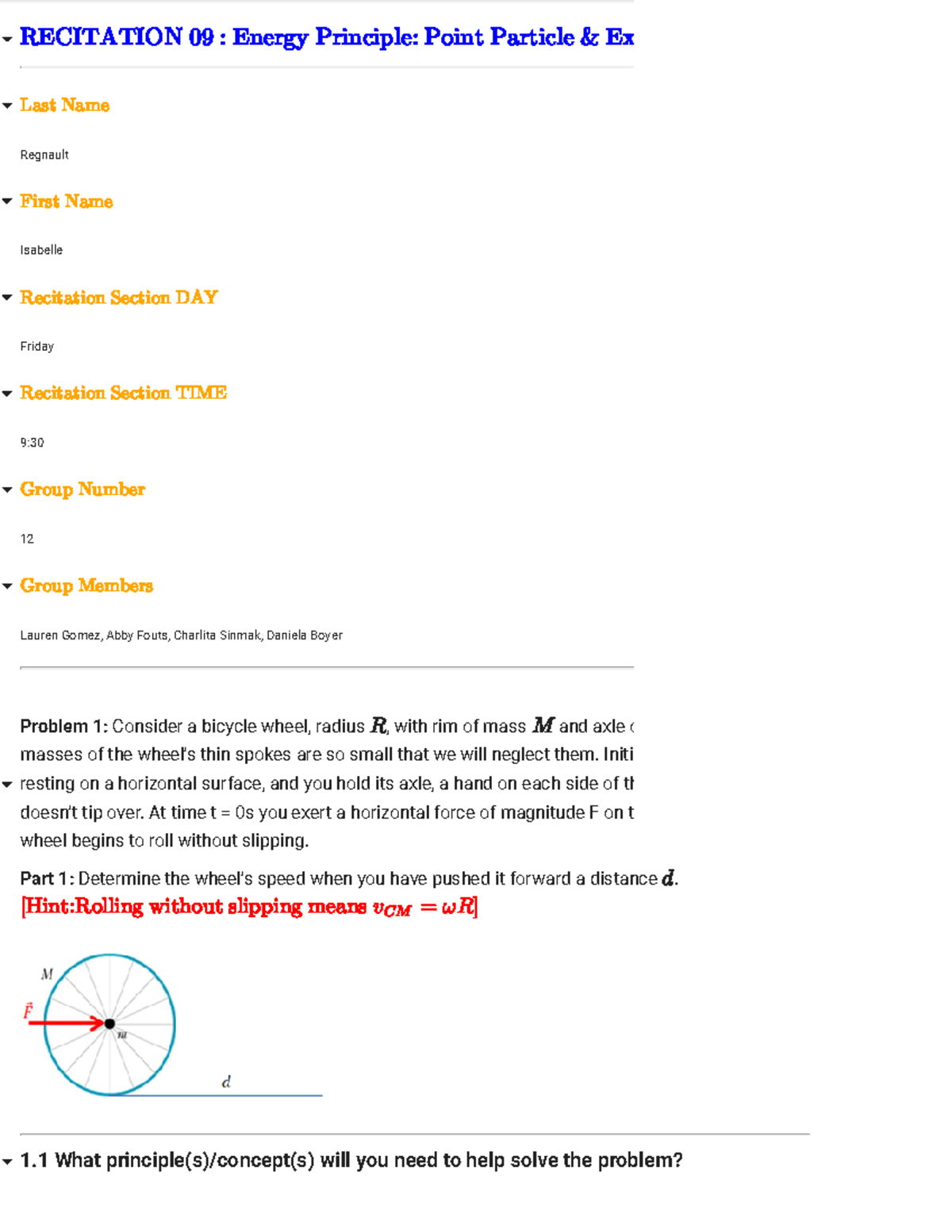 Phys172 Rec9 Fall - RECITATION 09 : Energy Principle: Point Particle ...