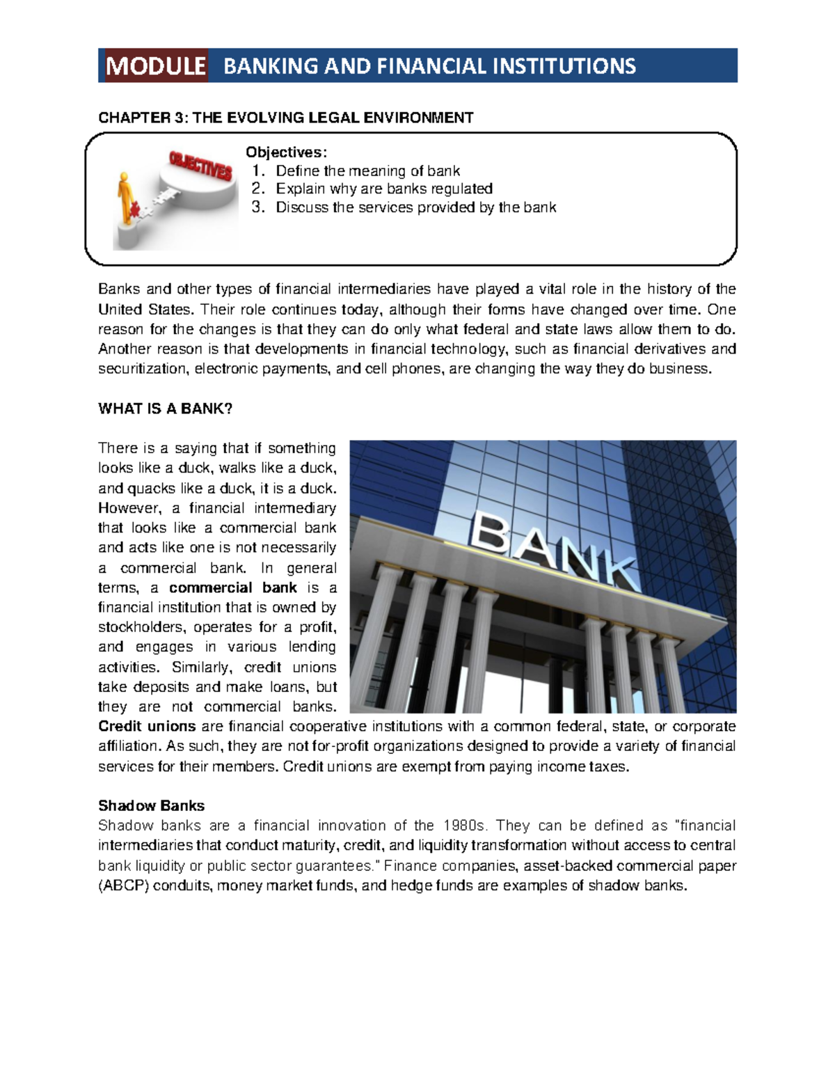 Bank 3 - Bank 3 - MODULE BANKING AND FINANCIAL INSTITUTIONS CHAPTER 3 ...