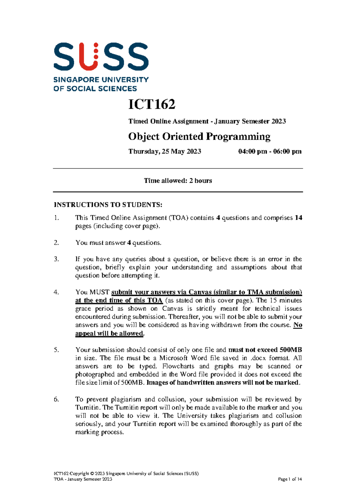 ICT162 JAN 2023 TOA - ICT162 Copyright © 2023 Singapore University of Social Sciences (SUSS) ICT ...