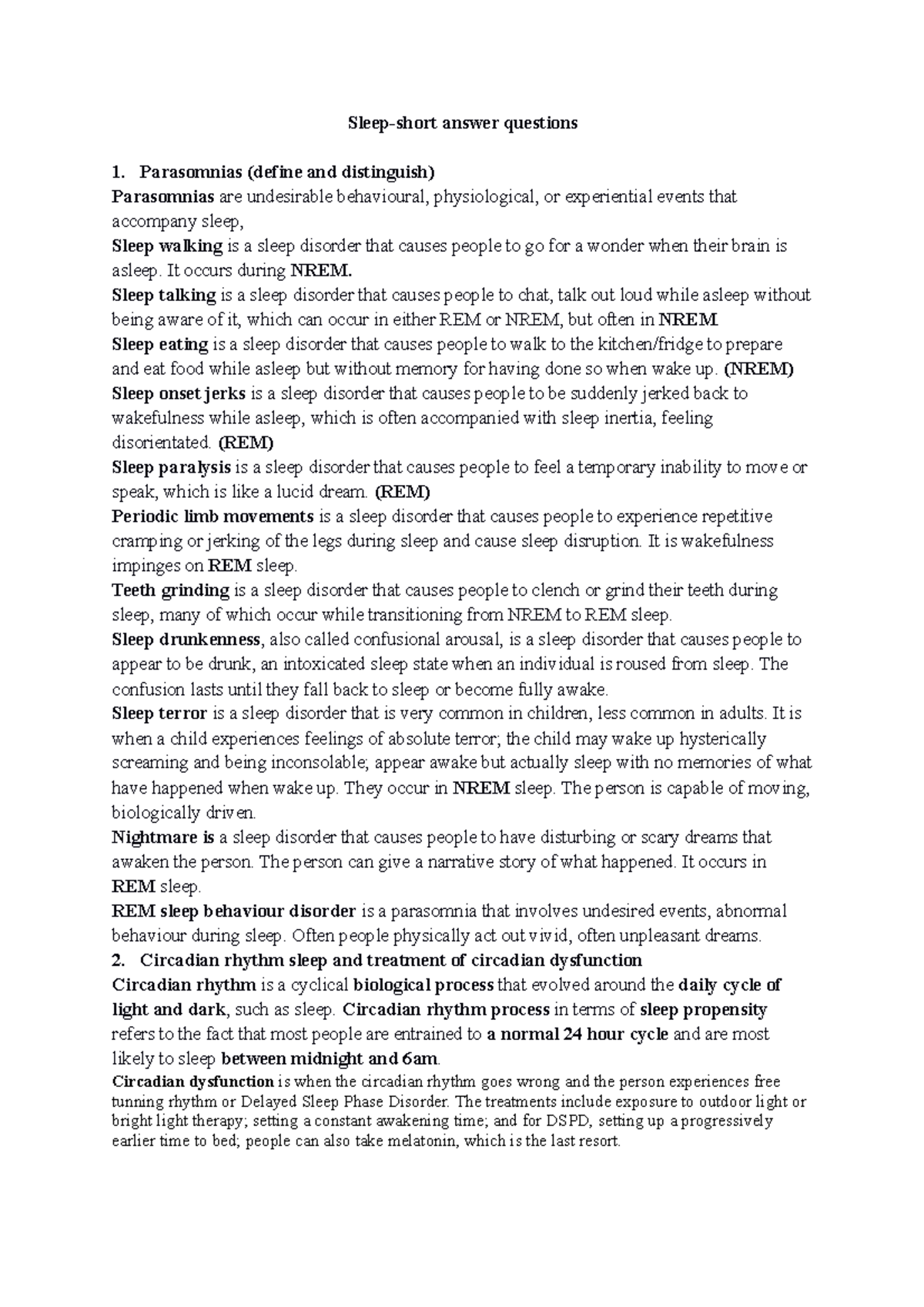 Sleep Q and A - Q & A - Sleep-short answer questions 1. Parasomnias ...