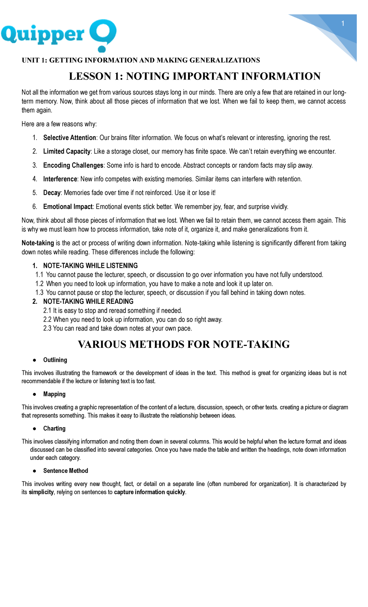 UNIT 1 Noting Important Information AND Making Generalizations - UNIT 1 ...