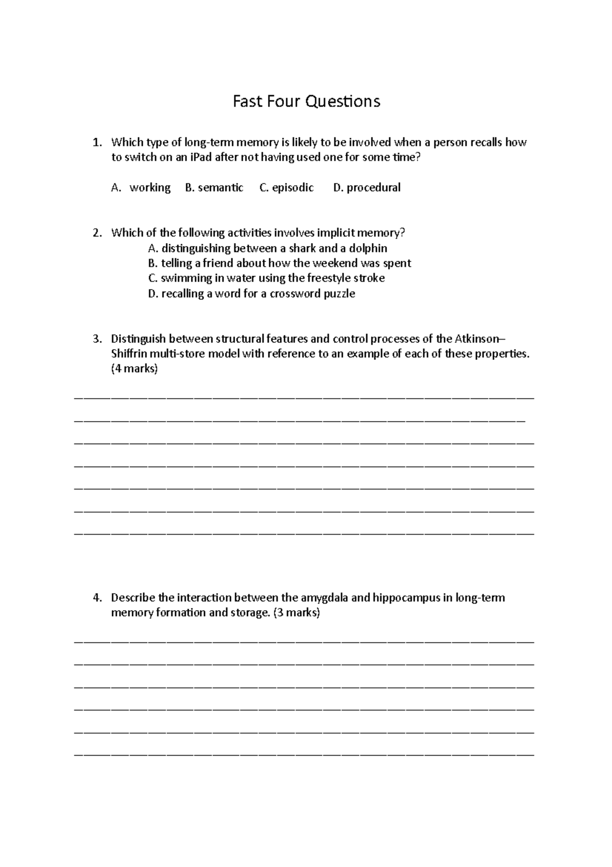 24 May Fast Four Questions Worksheet - Fast Four Questions Which type ...