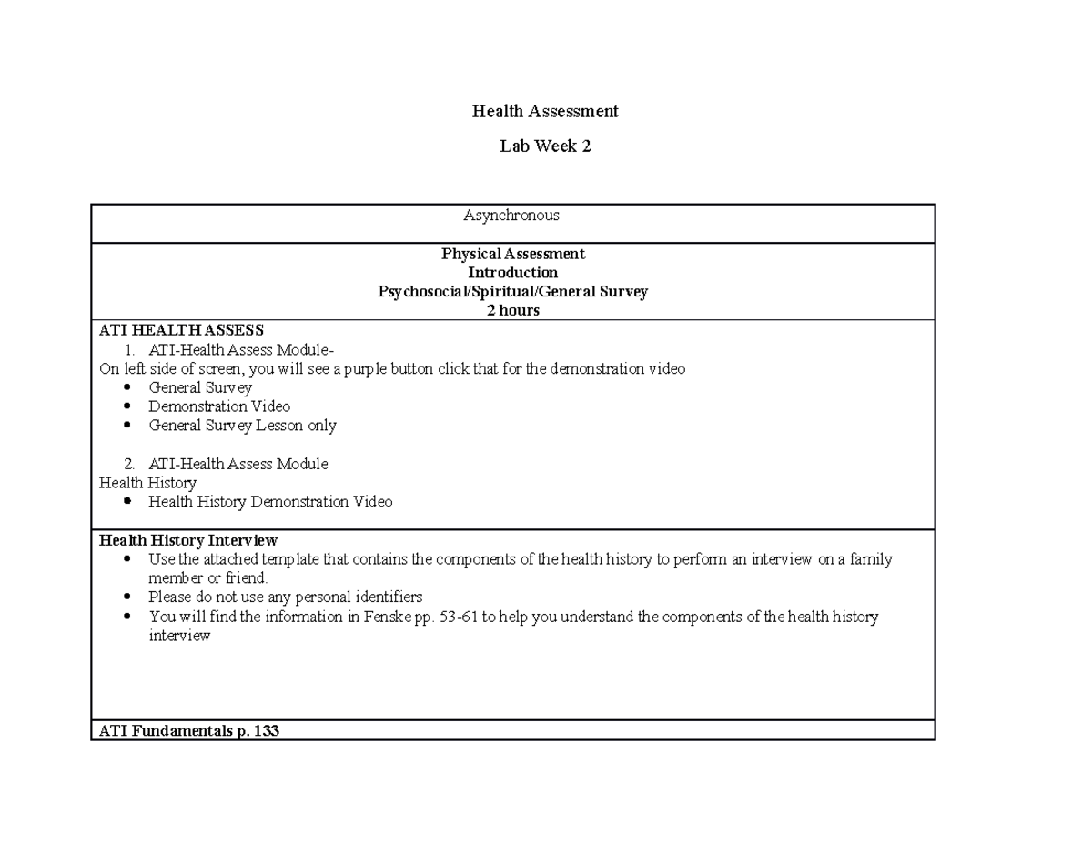 Asynchronous LAB HA week 2 - Health Assessment Lab Week 2 Asynchronous ...