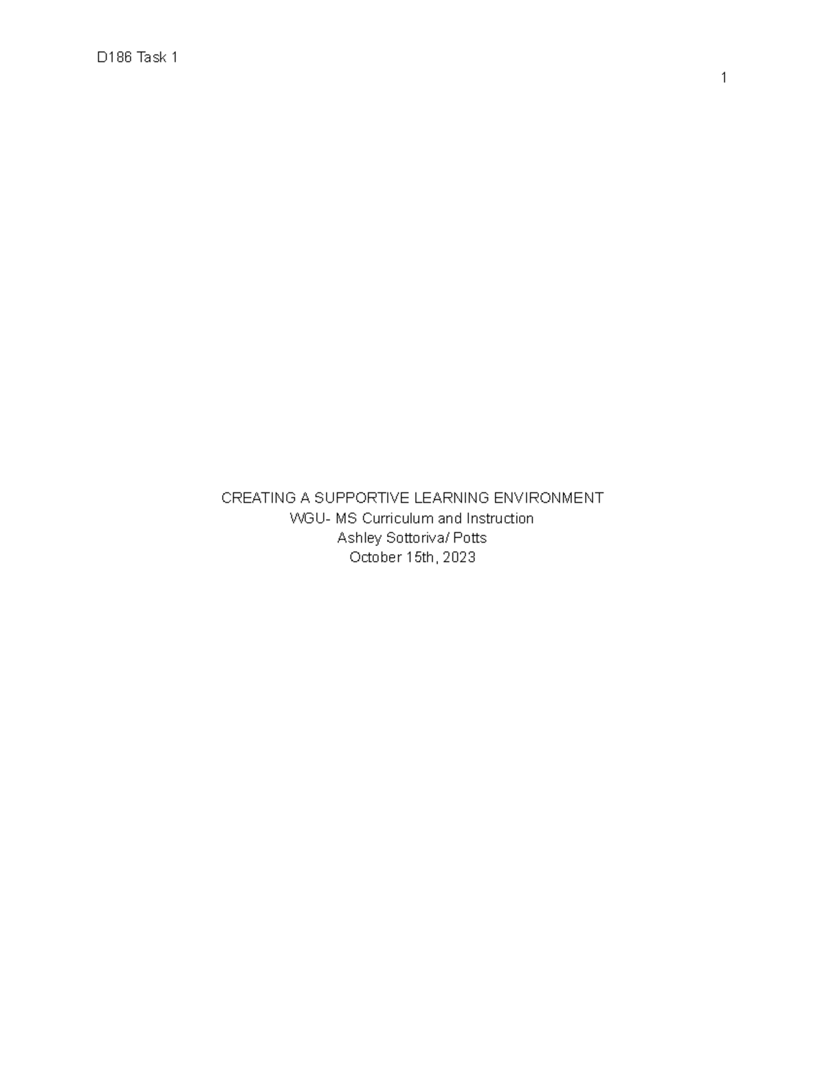 D186 Task 1 - Task 1- passed - 1 CREATING A SUPPORTIVE LEARNING ENVIRONMENT WGU- MS Curriculum ...