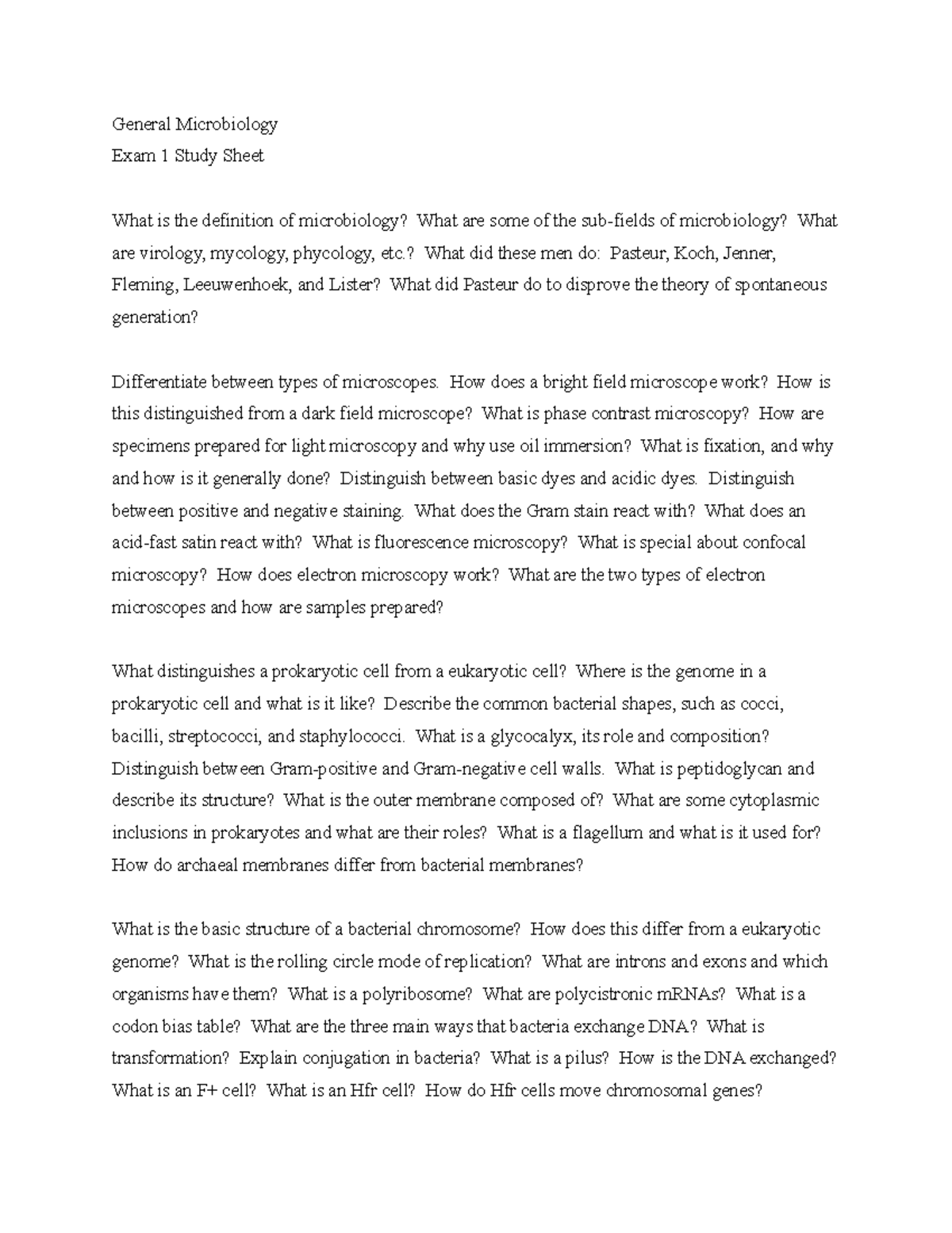 Biology 330 Study Sheet Exam 1 S16 - General Microbiology Exam 1 Study ...
