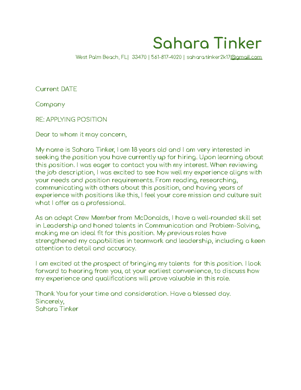 Cover letter EXAMPLE - Sahara Tinker West Palm Beach, FL| 33470 | 561 ...