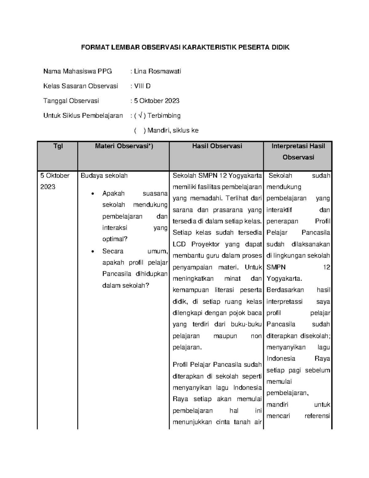 Lembar Observasi Karakteristik Peserta Didik - FORMAT LEMBAR OBSERVASI ...