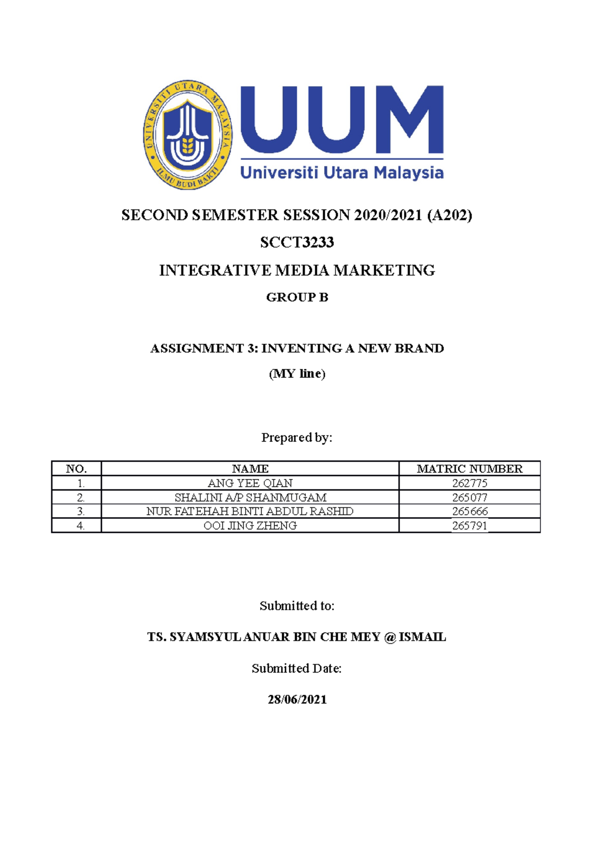 Assignment 3 Inventing A NEW Brand - SECOND SEMESTER SESSION 2020/2021 ...