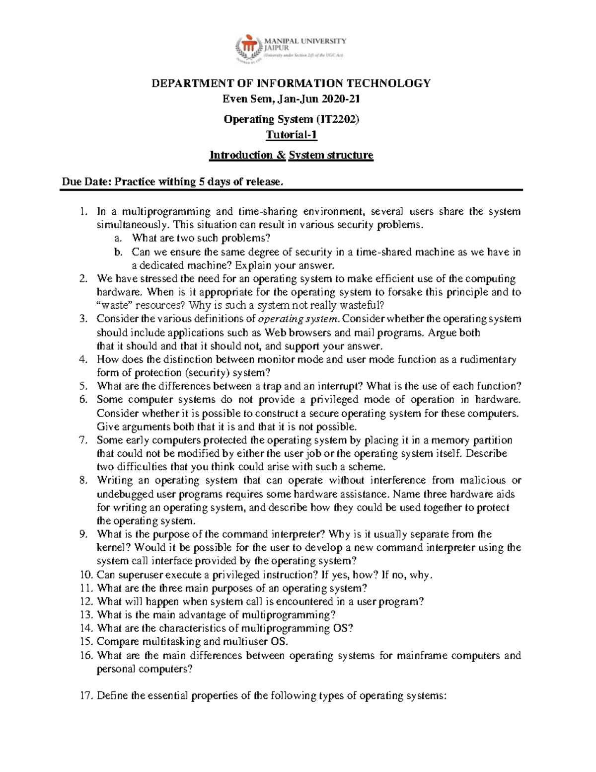 IT2202 OS Tutorial 1 (Even sem, Jan -Jun 2021) - DBMS - Studocu