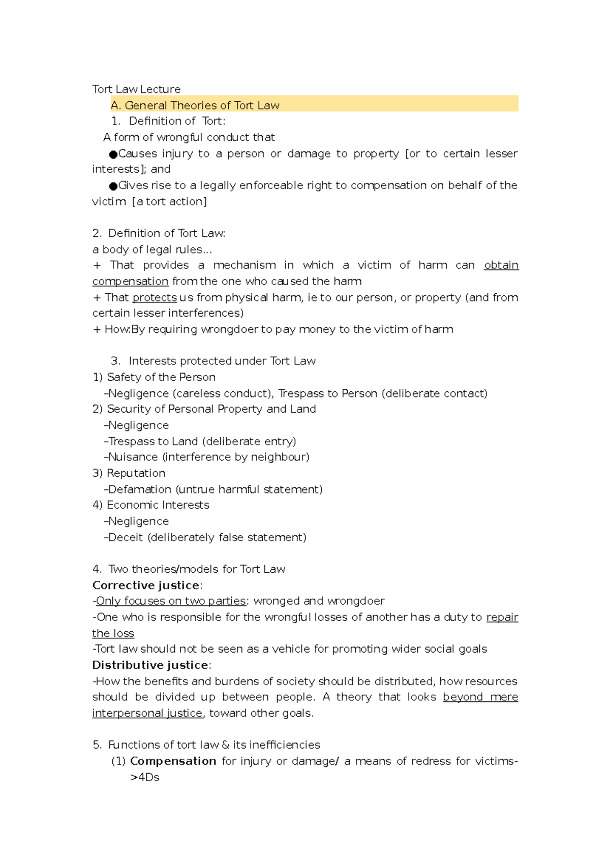 Tort Law Lecture - ：）happy study - Tort Law Lecture A. General Theories ...