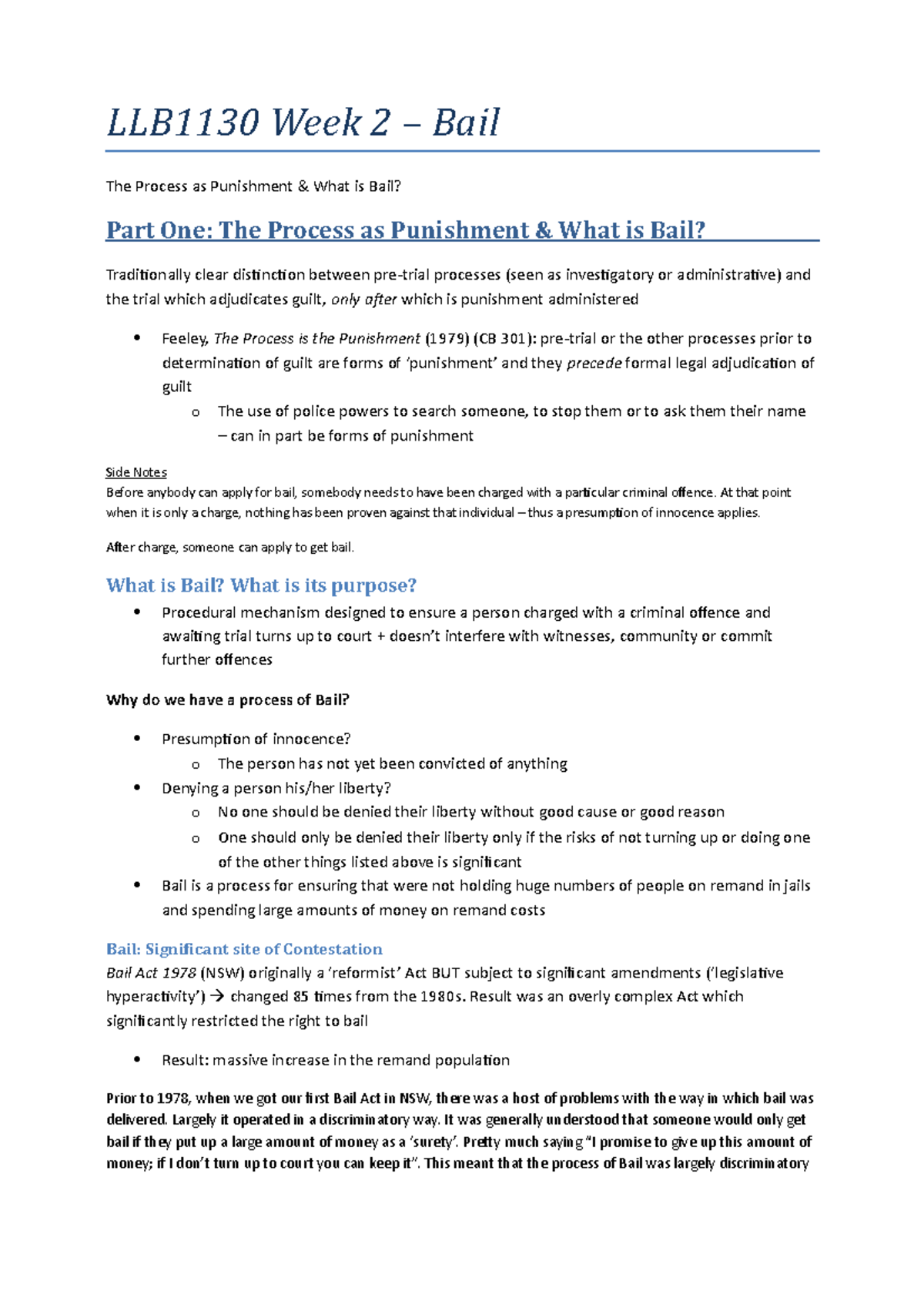 Week 2 bail notes - LLB1130 Week 2 – Bail The Process as Punishment ...