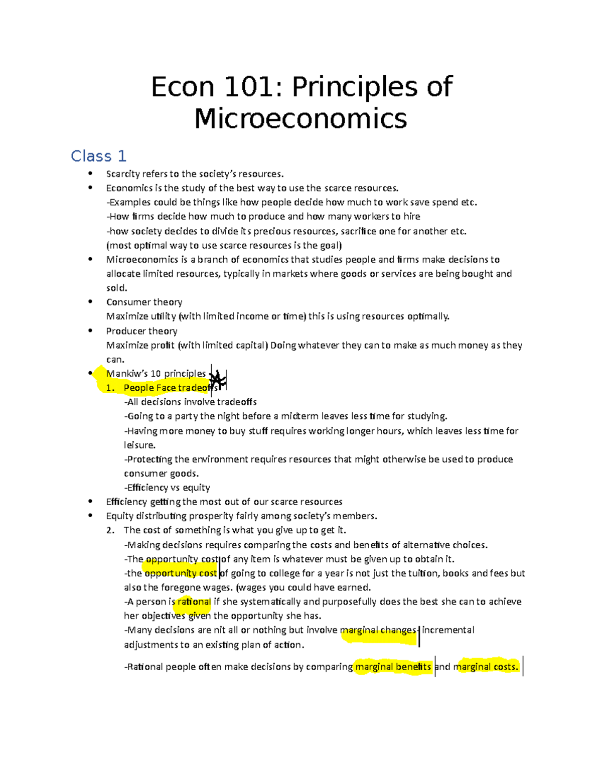 Economics midterm notes - Econ 101: Principles of Microeconomics Class ...