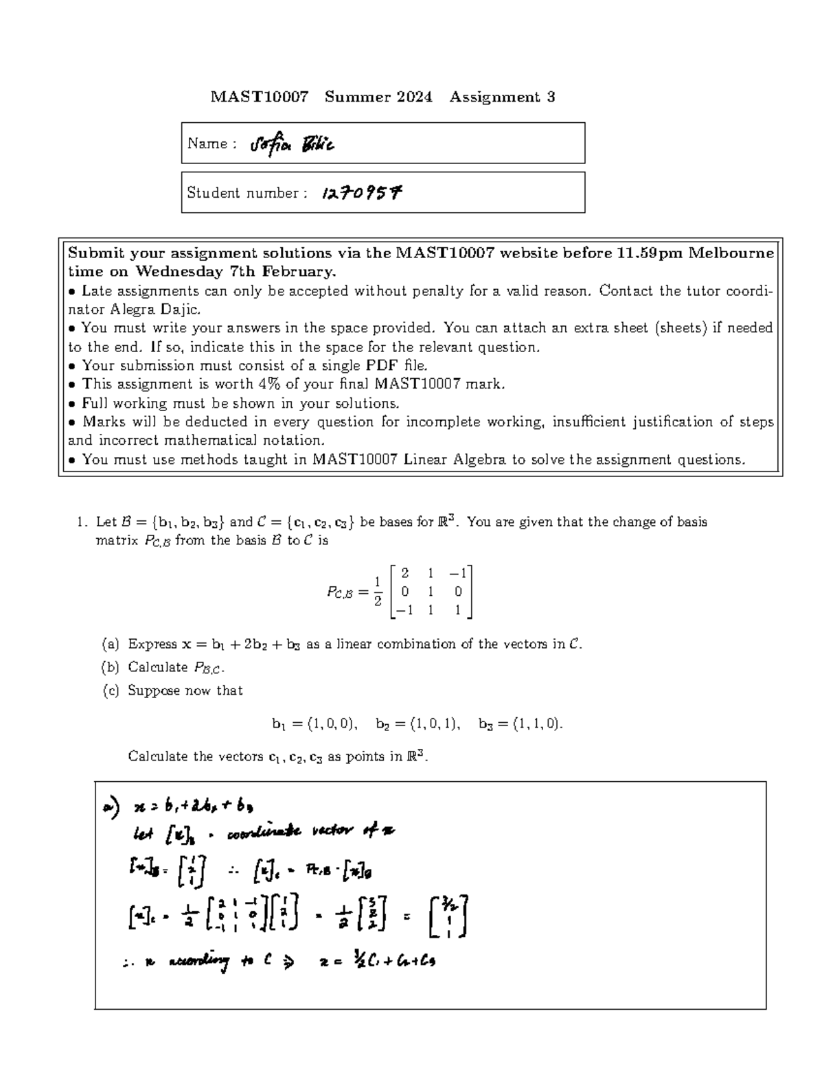 Assign 3-24 - MAST10007 Summer 2024 Assignment 3 Name : Student number : Submit your assignment ...