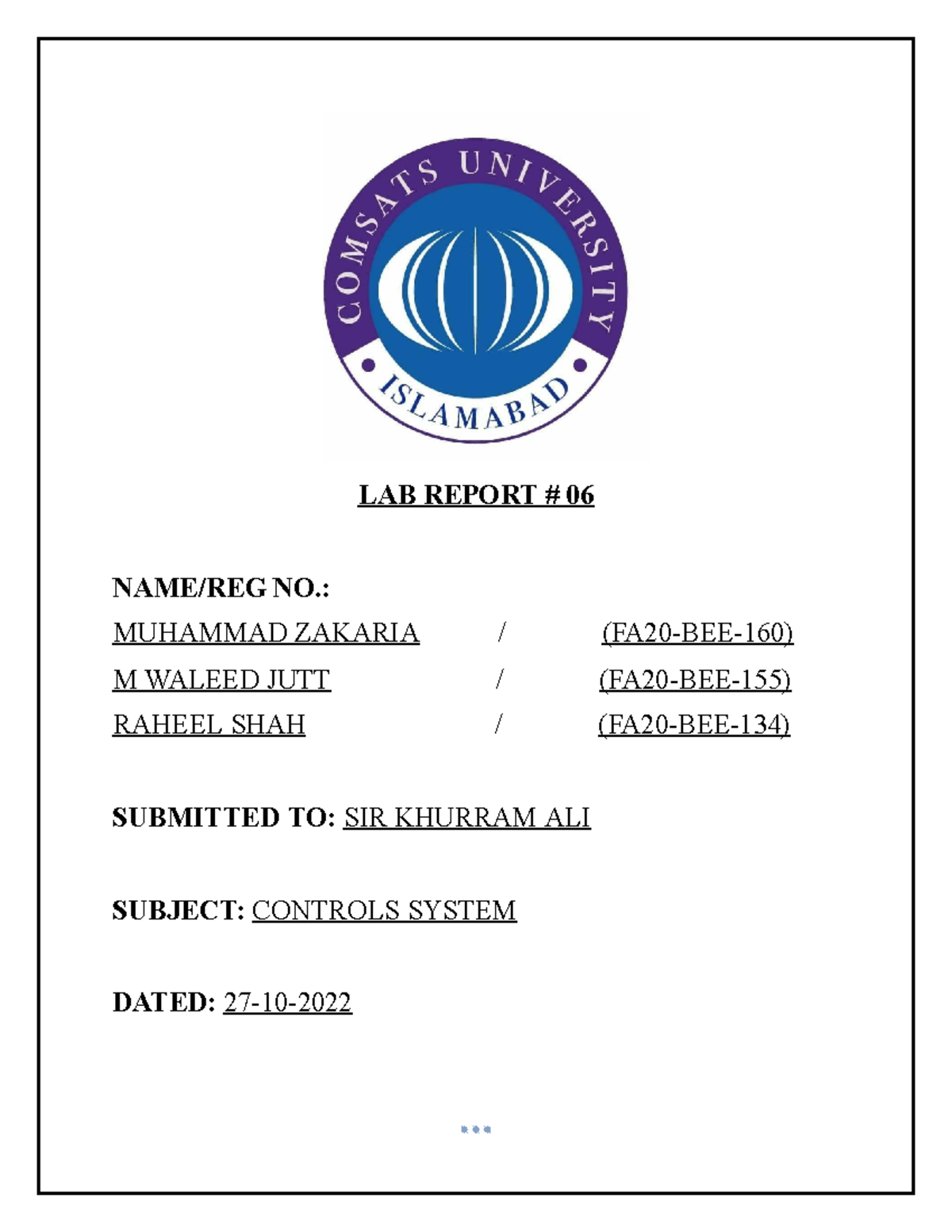 LAB Report 6 cs - control system lab no 1 in this - LAB REPORT # 06 ...