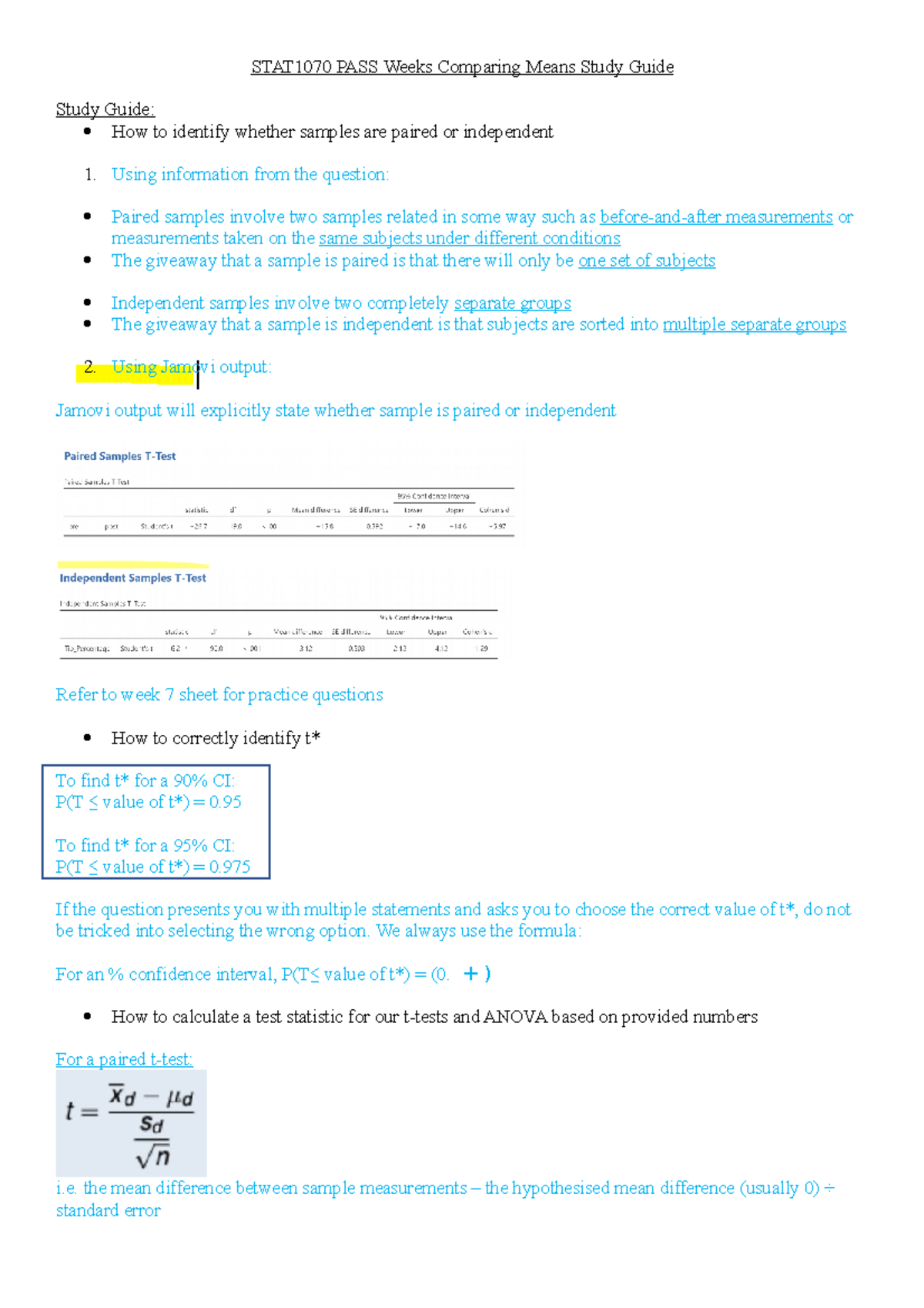STAT1070 pass summary W8-9 Comparing Means Study Guide - STAT1070 PASS Weeks Comparing Means ...