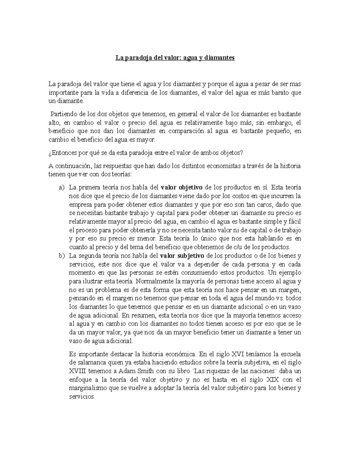 Resumen La paradoja del valor - La paradoja del valor: agua y diamantes ...