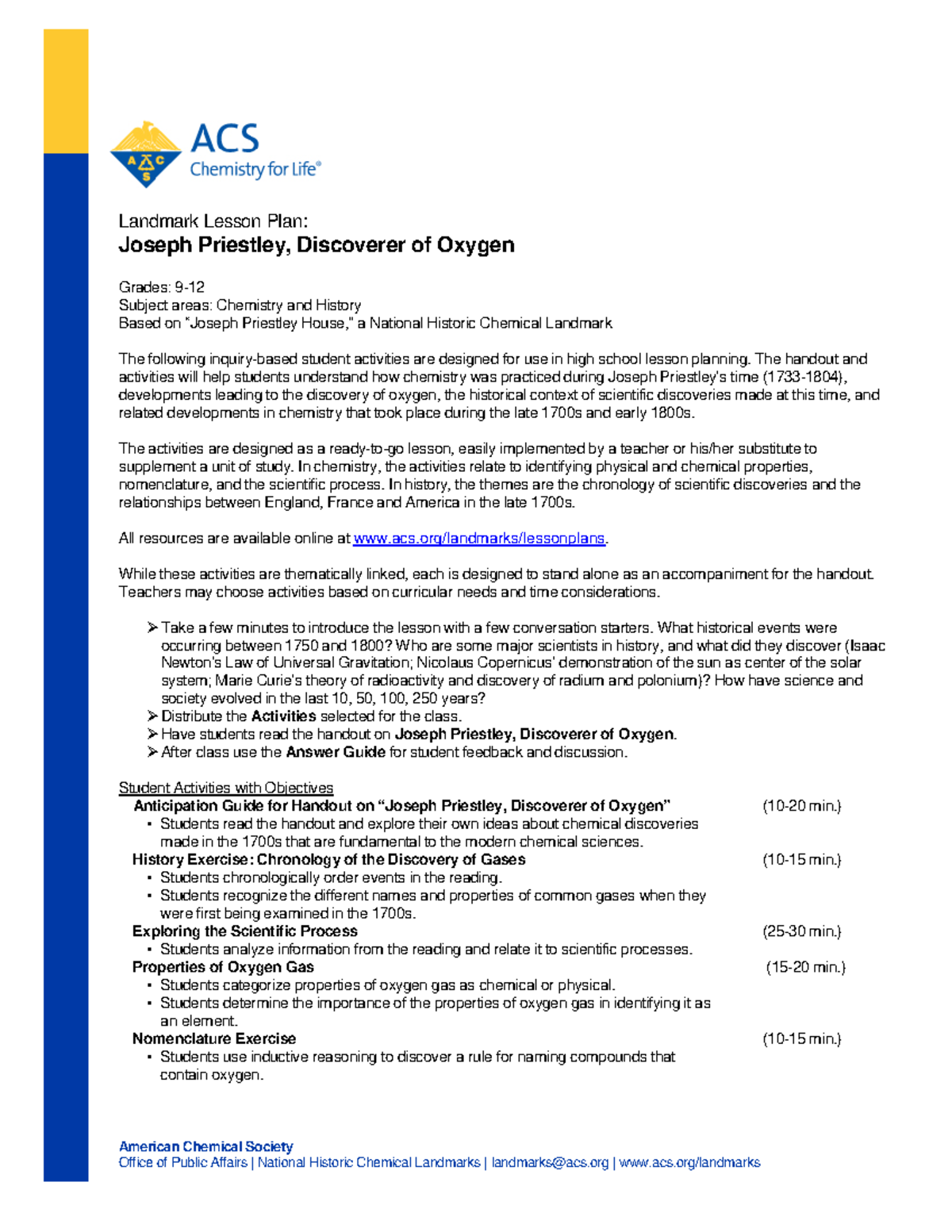 Joseph priestley discoverer of oxygen - ####### American Chemical ...