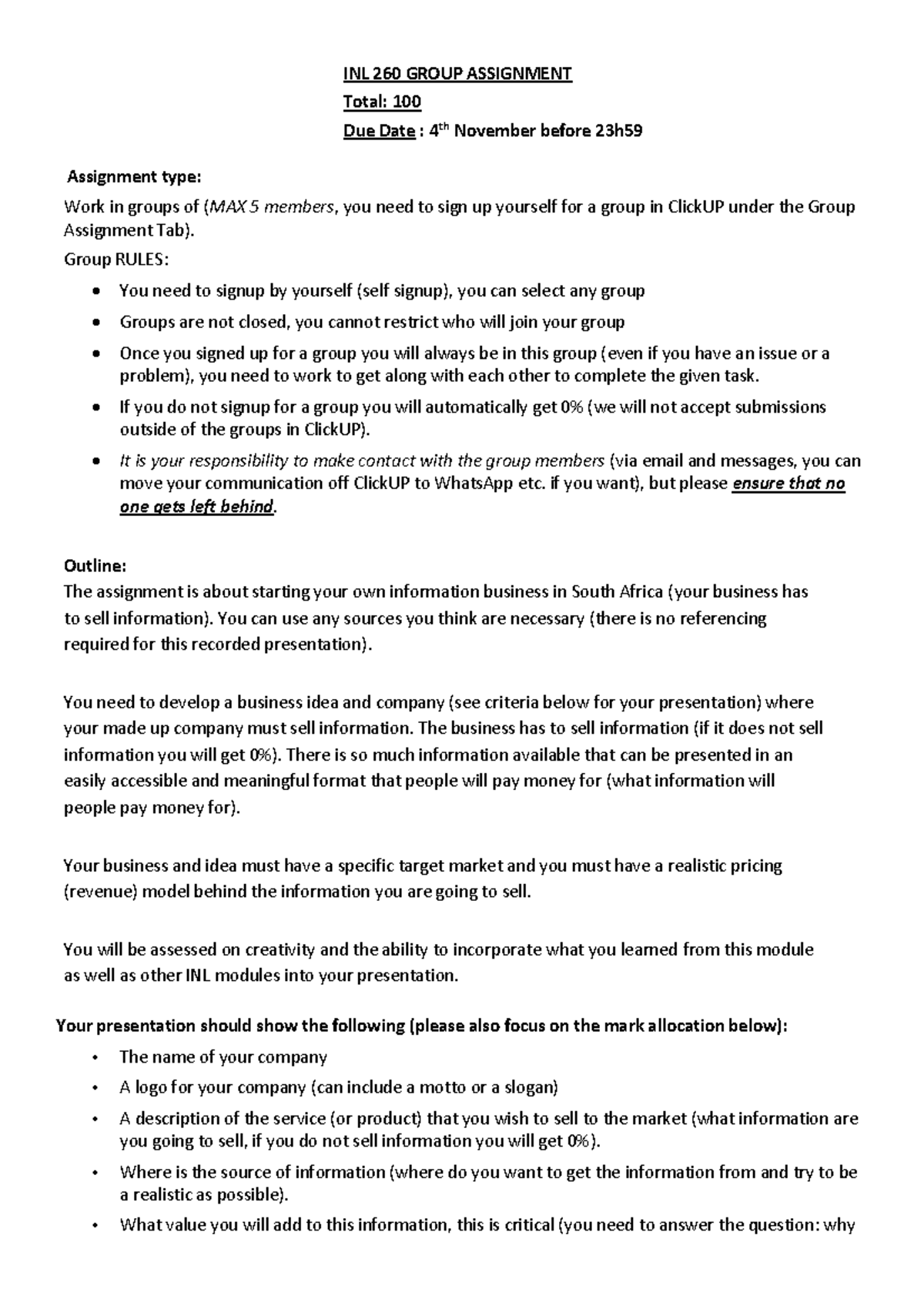 INL 260 Group assignment instructions 2022 - INL 260 GROUP ASSIGNMENT Total: 100 Due Date : 4th ...