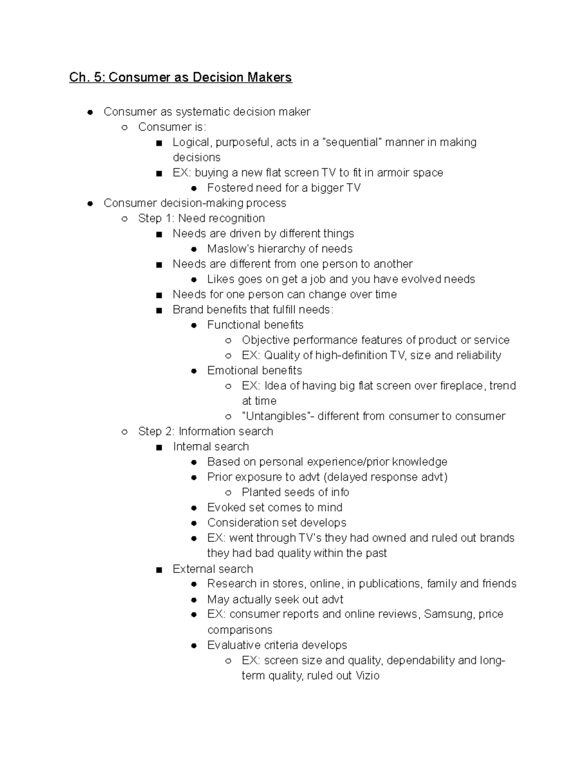 Ch. 5 Notes - Holly Higginbotham - Ch. 5: Consumer as Decision Makers ...