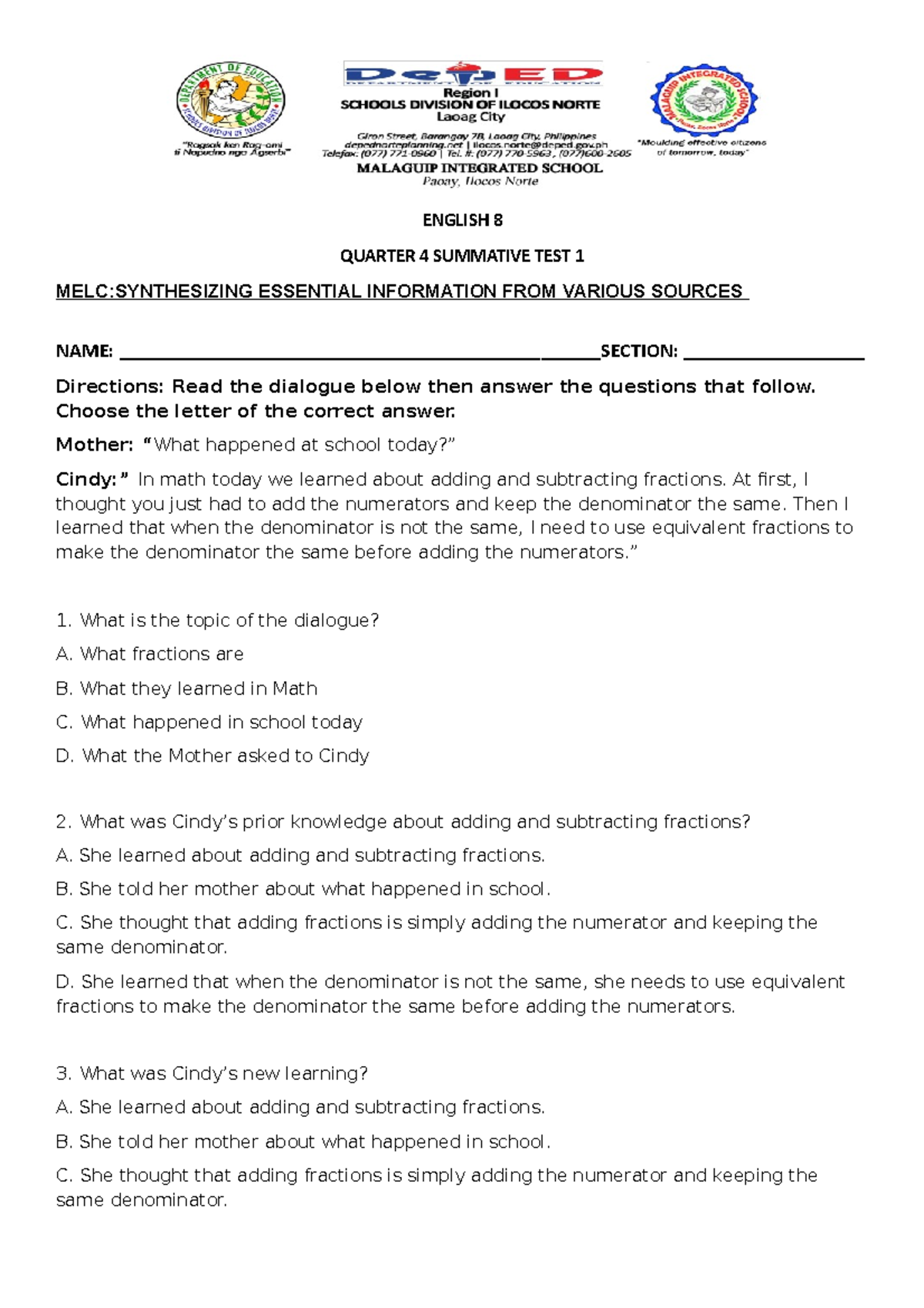 English 8- Sumattive TEST 1 - ENGLISH 8 QUARTER 4 SUMMATIVE TEST 1 MELC ...