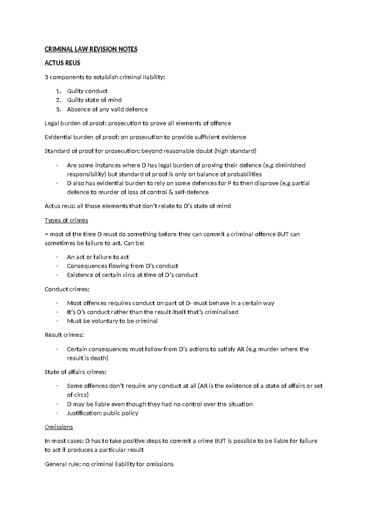 Criminal LAW Revision Notes - CRIMINAL LAW REVISION NOTES ACTUS REUS 3 ...