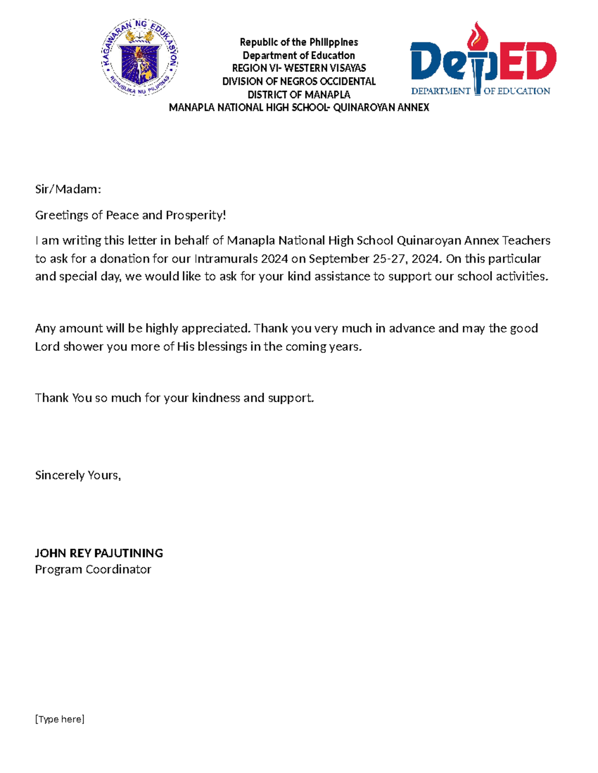 Solicitation letter - to gain budget - Republic of the Philippines ...