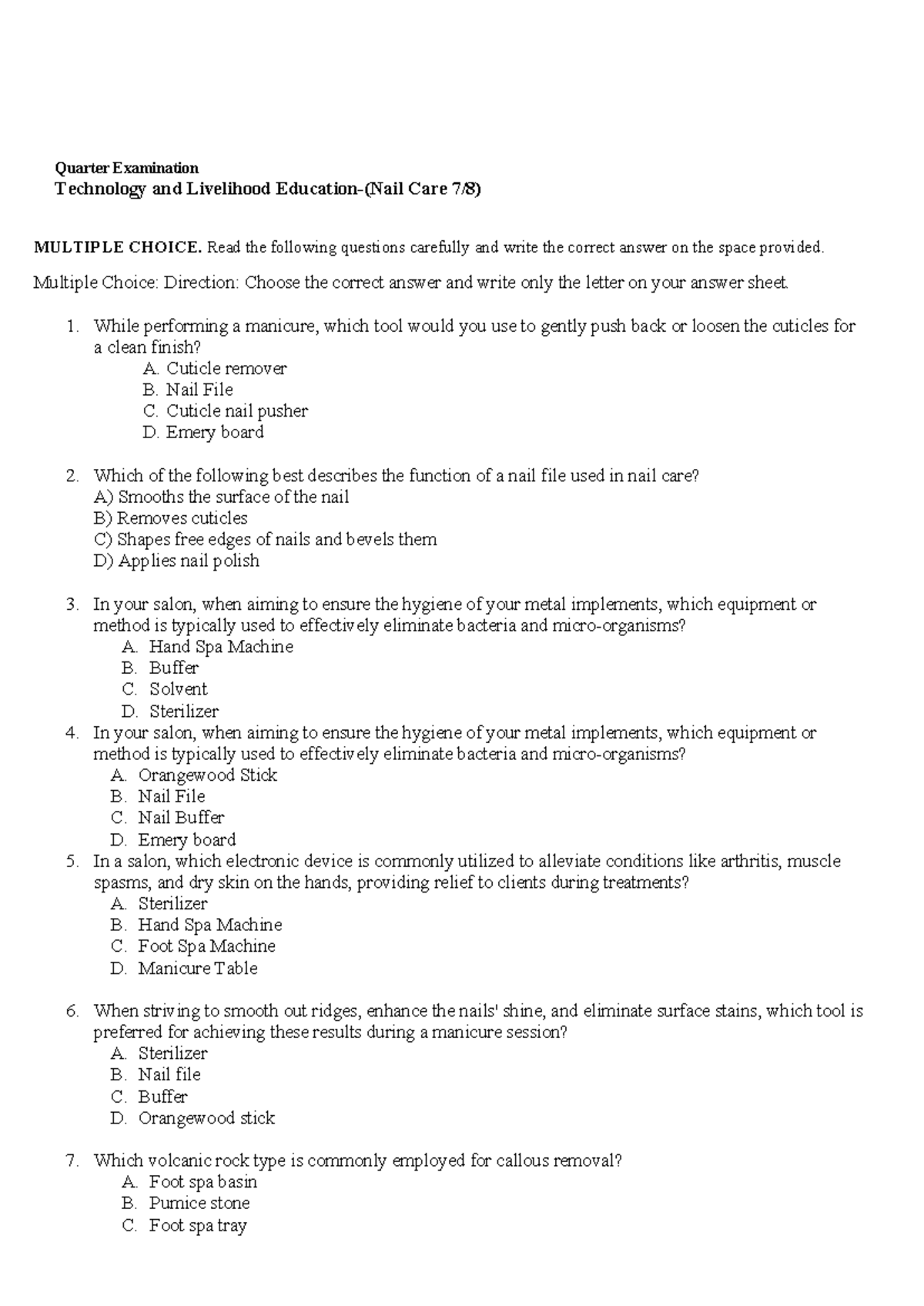 Periodic EXAM WITH TOS - Quarter Examination Technology and Livelihood ...