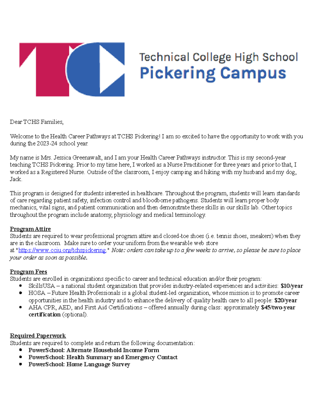 HCP Summer Letter SY23-24 - Dear TCHS Families, Welcome to the Health ...