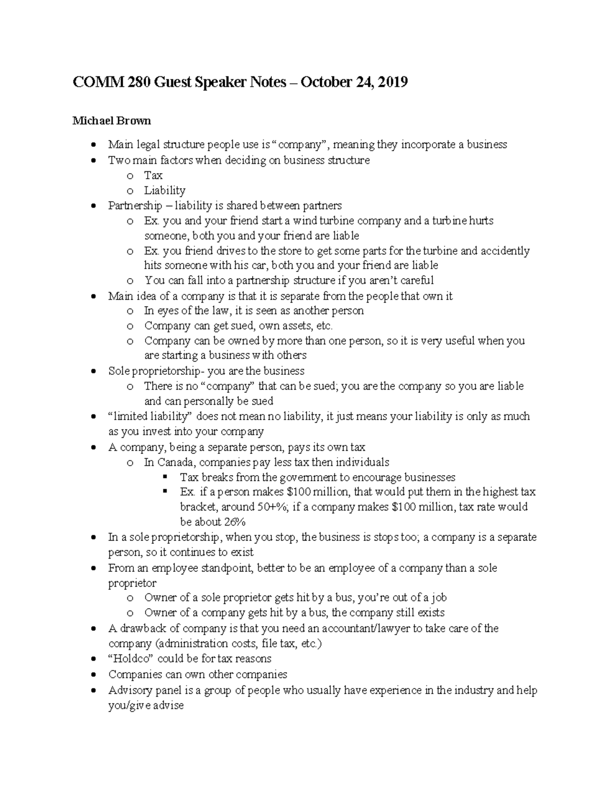Michael Brown Guest Speaker Notes - COMM 280 Guest Speaker Notes ...