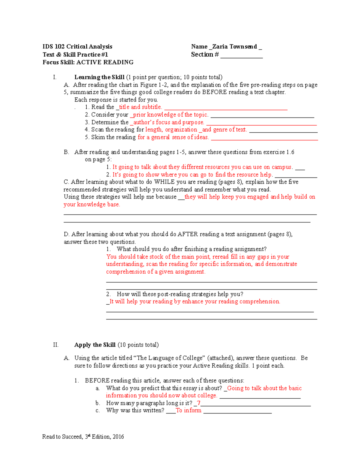 Test and skill sheet - practice - IDS 102 Critical Analysis Name _Zaria ...