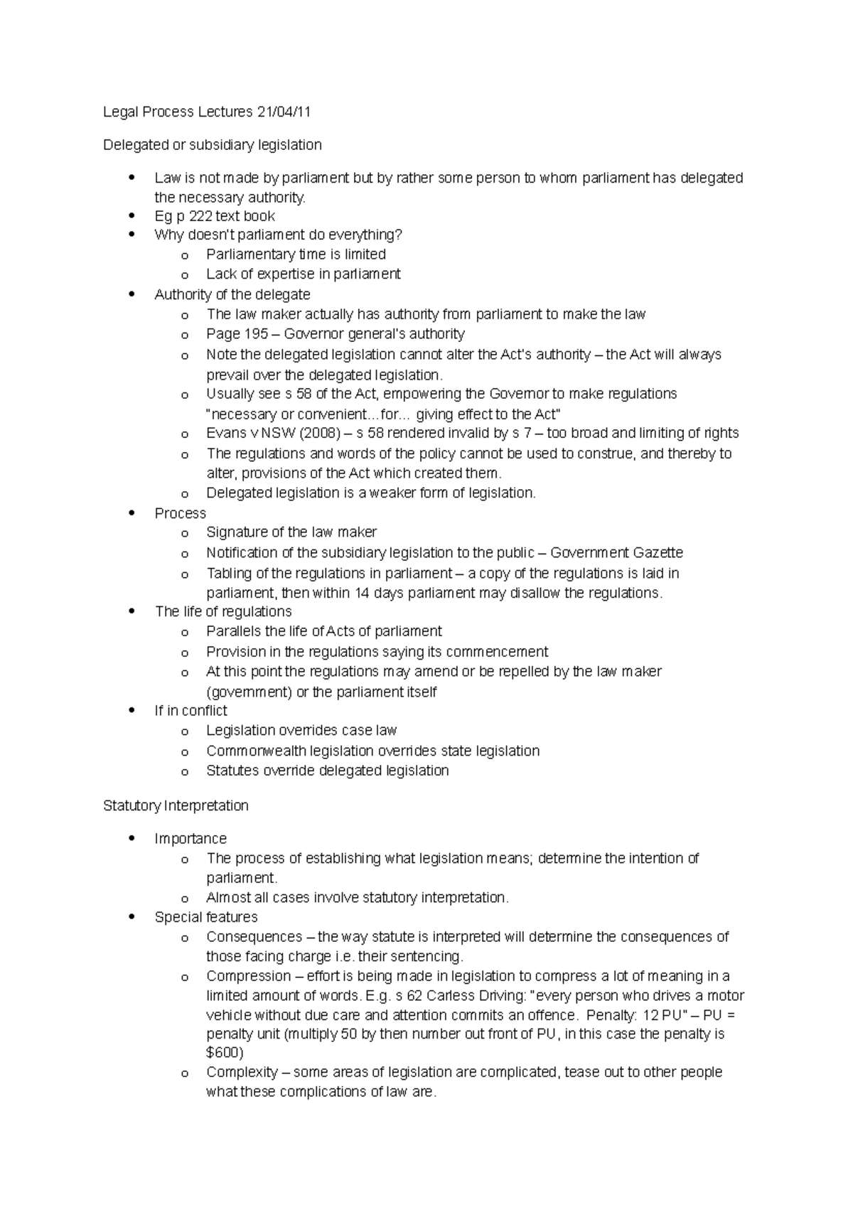 Lecture notes, Week 6, Lecturer Holly Cullen - Legal Process Lectures ...