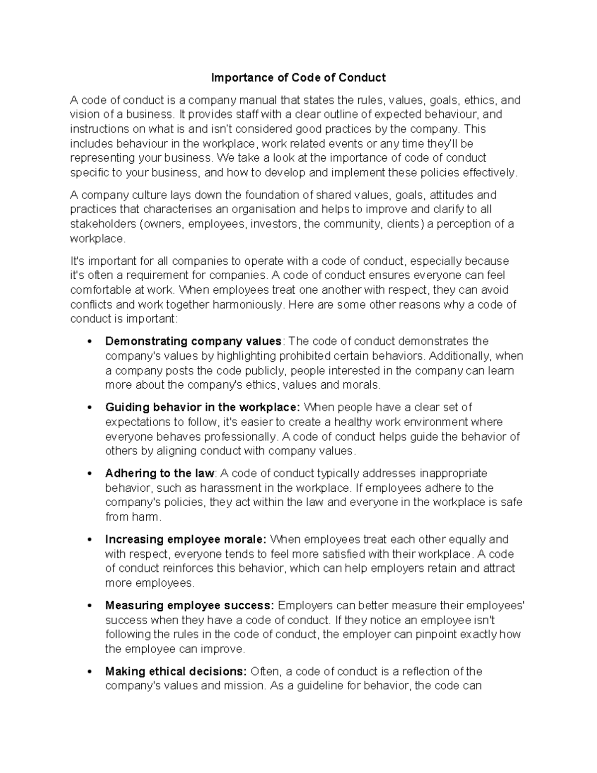 Code of Conduct - It provides staff with a clear outline of expected ...