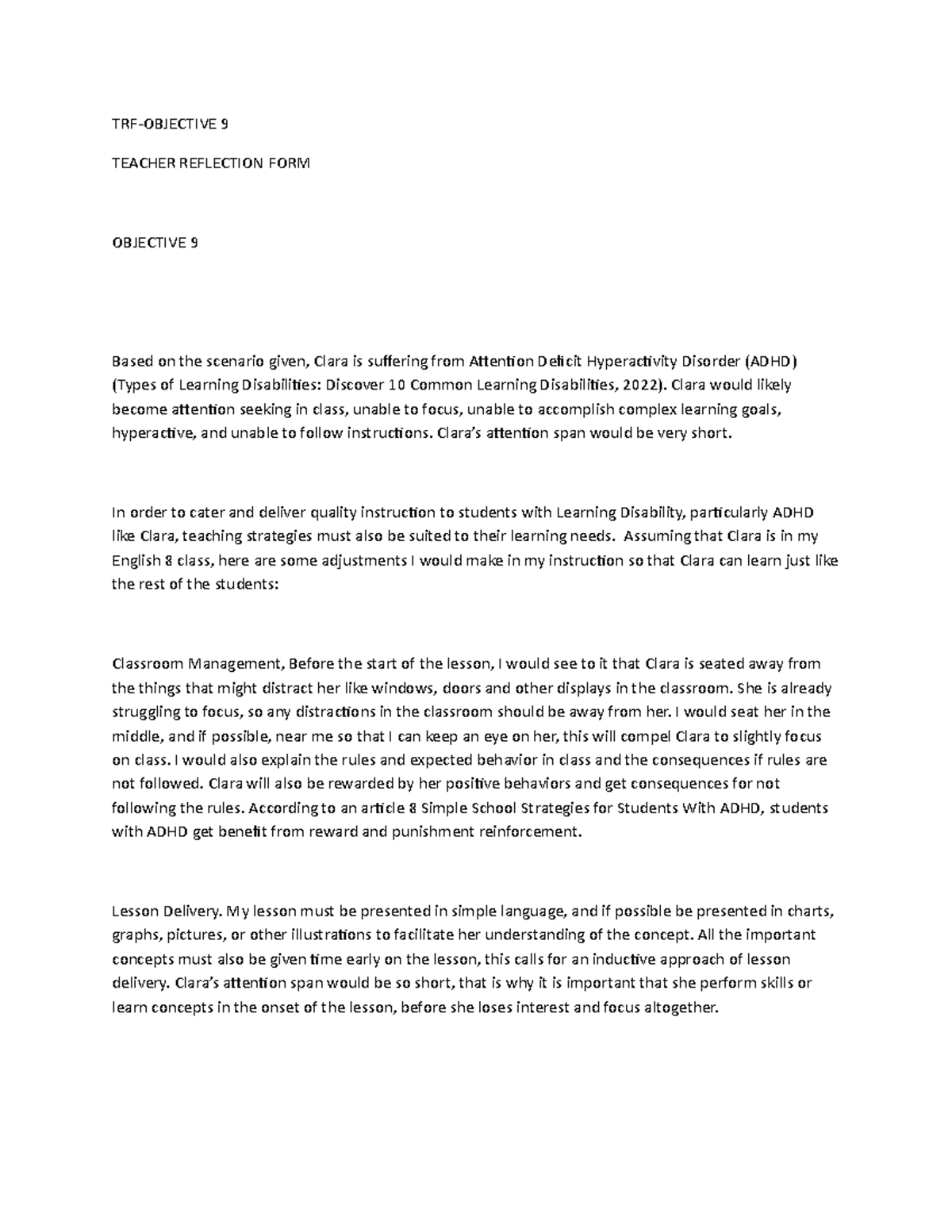 TRF- Objective 9-WPS Office - TRF-OBJECTIVE 9 TEACHER REFLECTION FORM ...