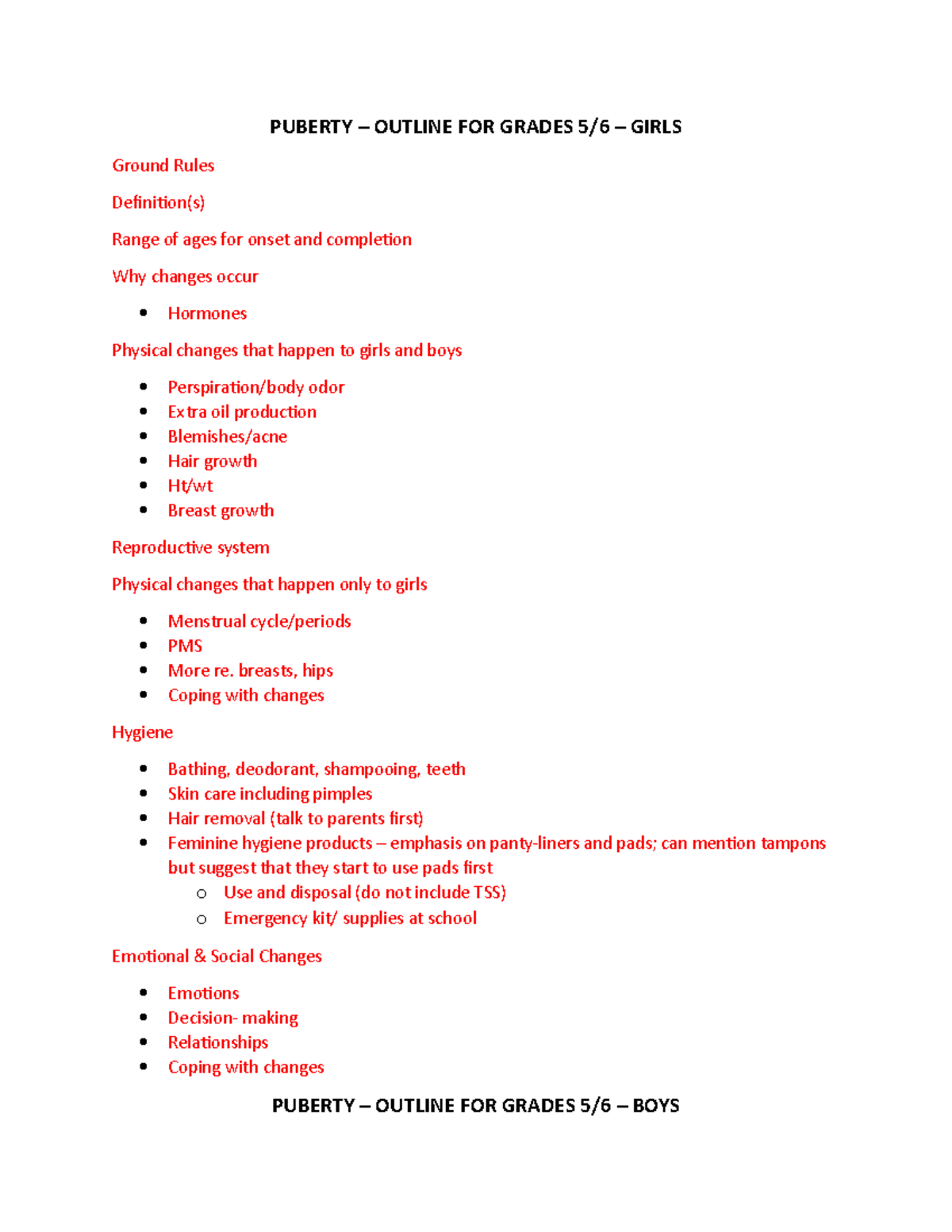 Puberty Outline - MANDATORY CLASS PROJECT - PUBERTY – OUTLINE FOR ...