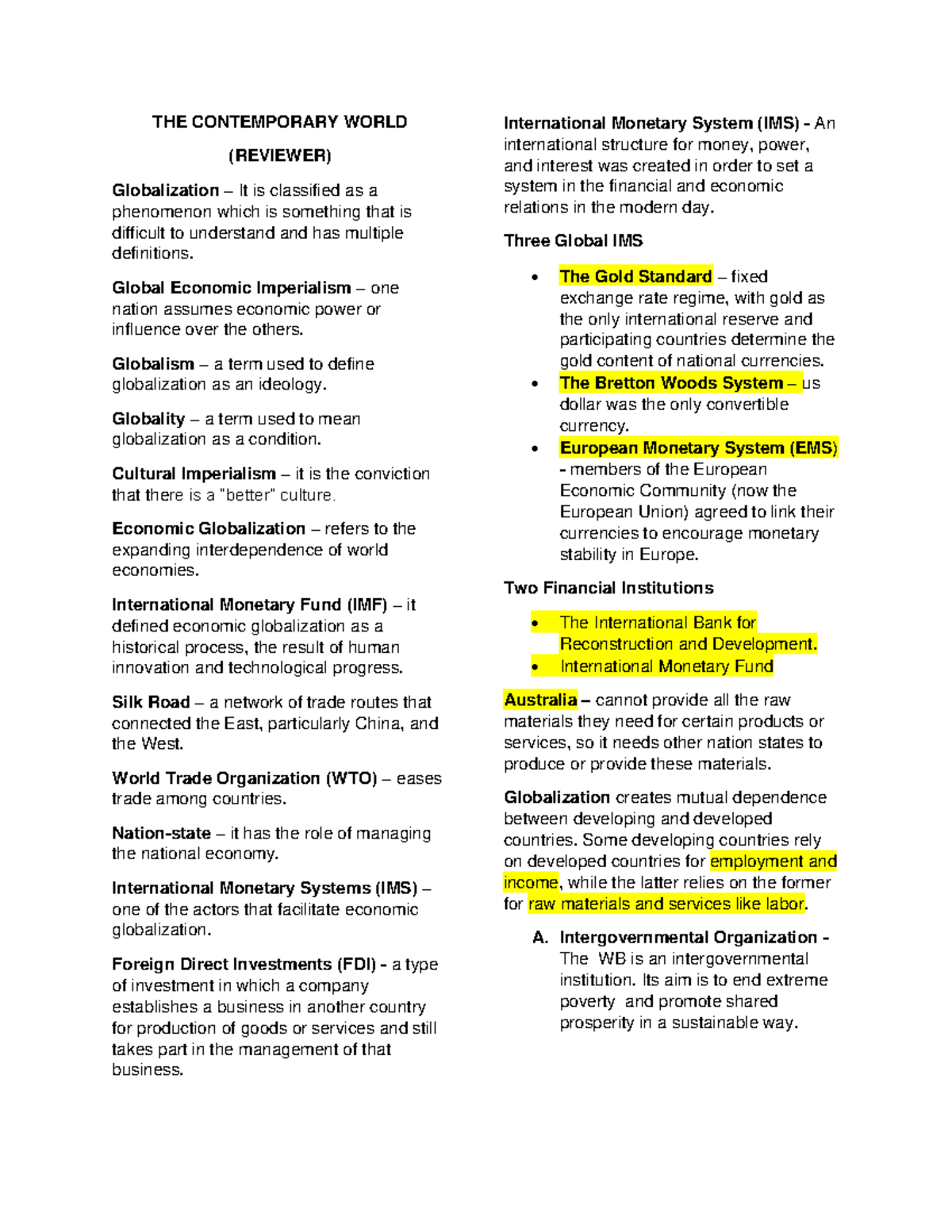 Reviewer contemp - asdfghjkl - THE CONTEMPORARY WORLD (REVIEWER ...