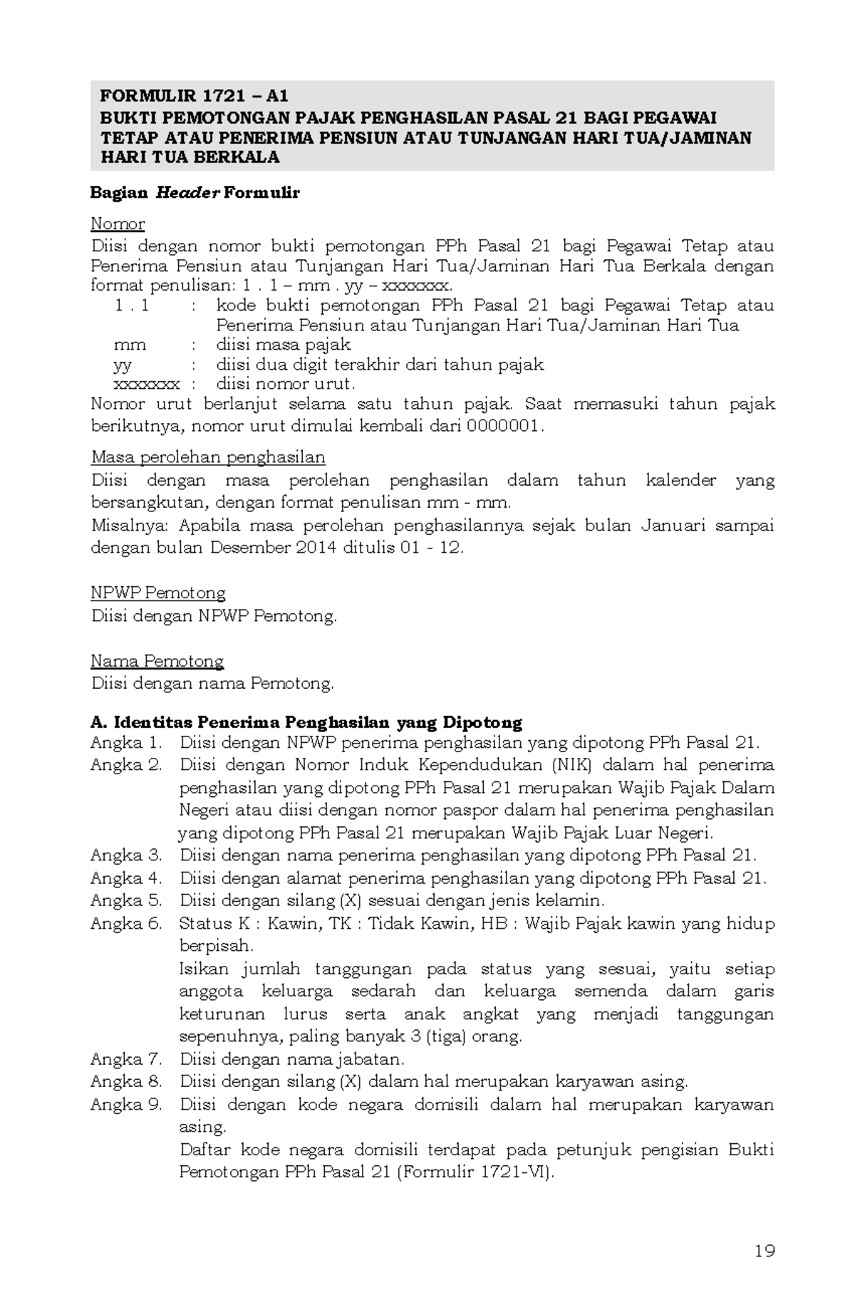 Petunjuk Pengisian 1721-A1 Tahun 2014 - 19 Bagian Header Formulir Nomor ...