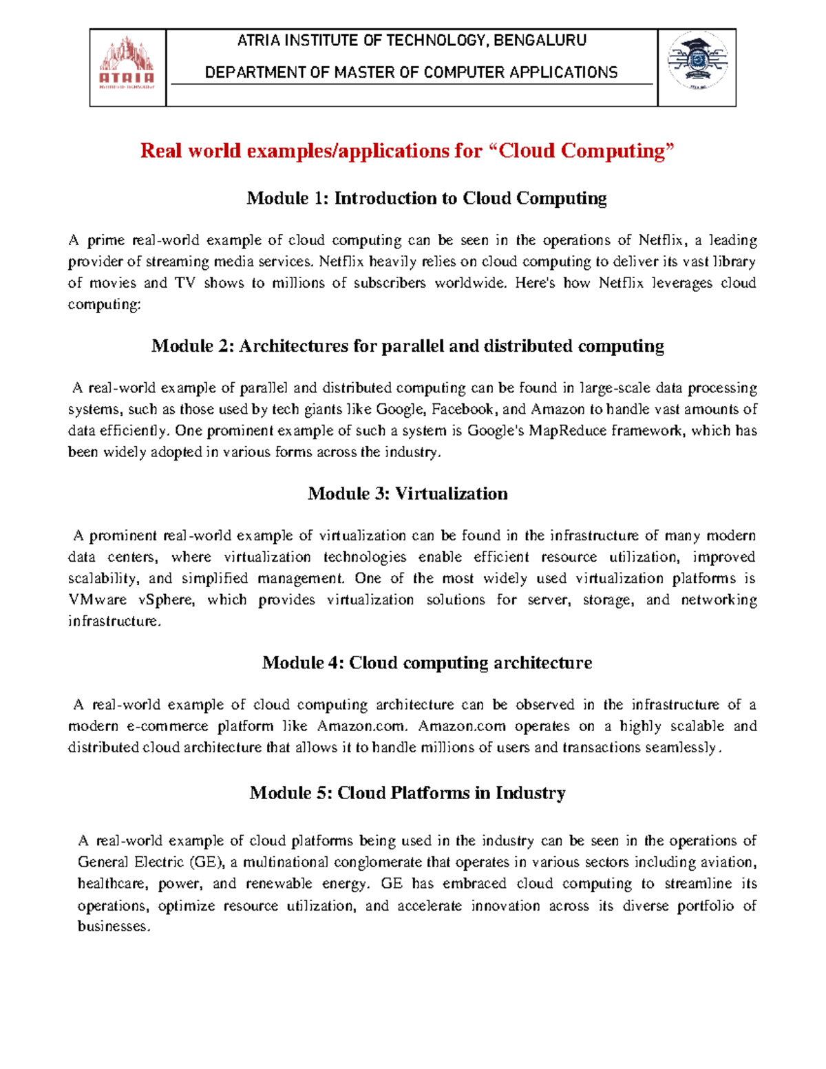 CC Real world examples - NIL - ATRIA INSTITUTE OF TECHNOLOGY, BENGALURU DEPARTMENT OF MASTER OF ...