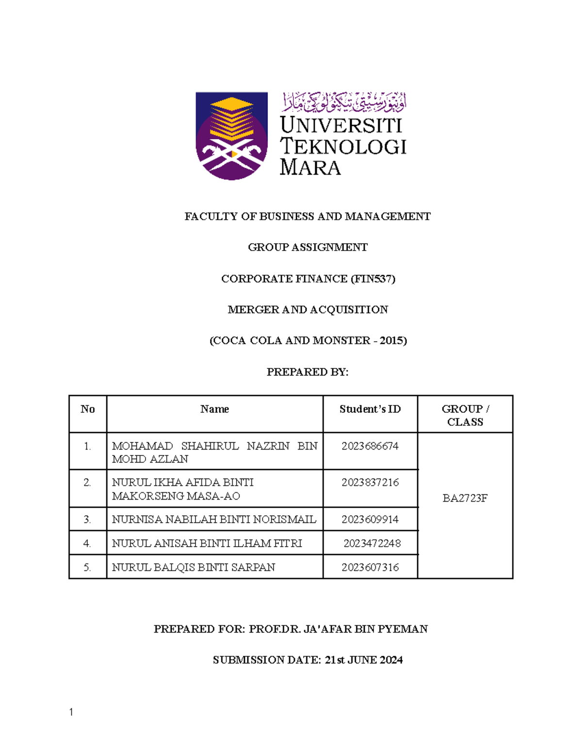 FIN537 Group Assignment - FACULTY OF BUSINESS AND MANAGEMENT GROUP ASSIGNMENT CORPORATE FINANCE ...