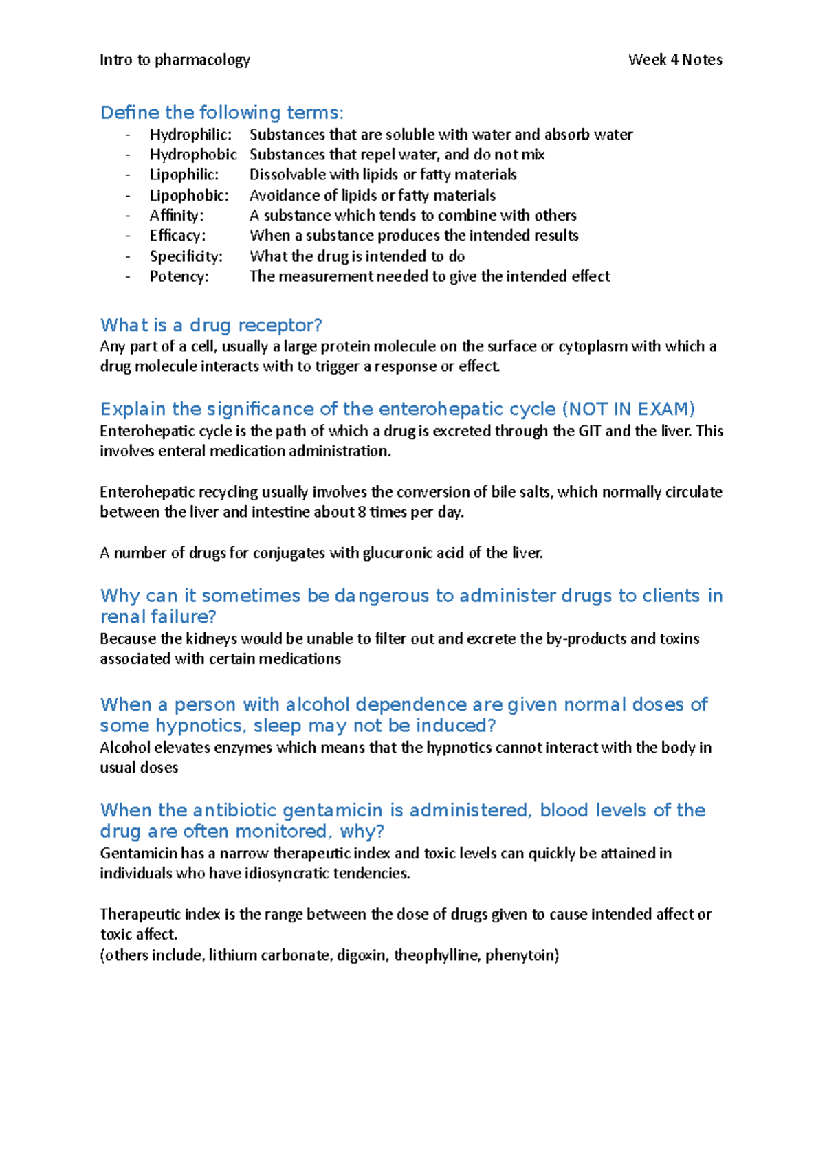 Tutorial 4 mechanisms - Intro to pharmacology Week 4 Notes Define the ...