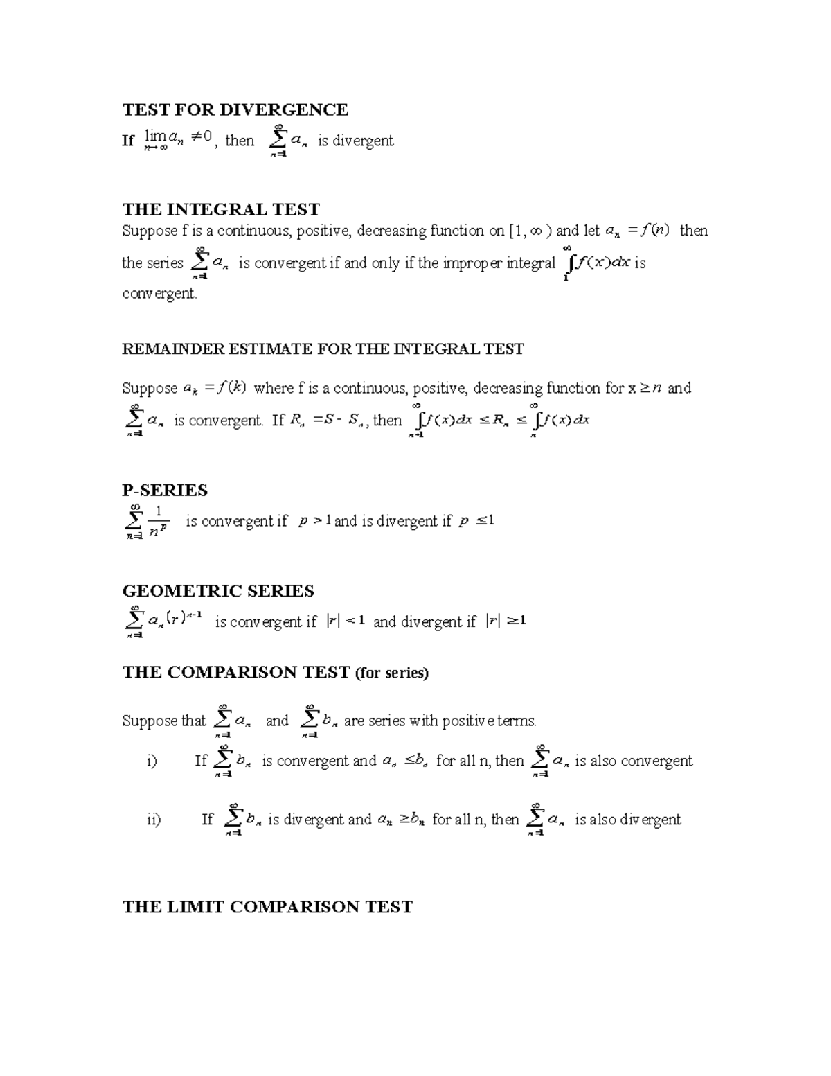 Series Tests - TEST FOR DIVERGENCE If limn an 0 , then n 1 n a is ...