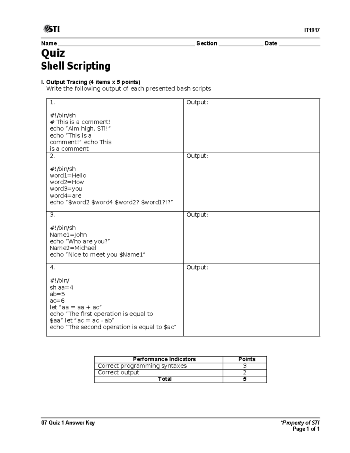 07 Quiz 1 - You're Welcome - IT Name Section Date Quiz Shell Scripting ...