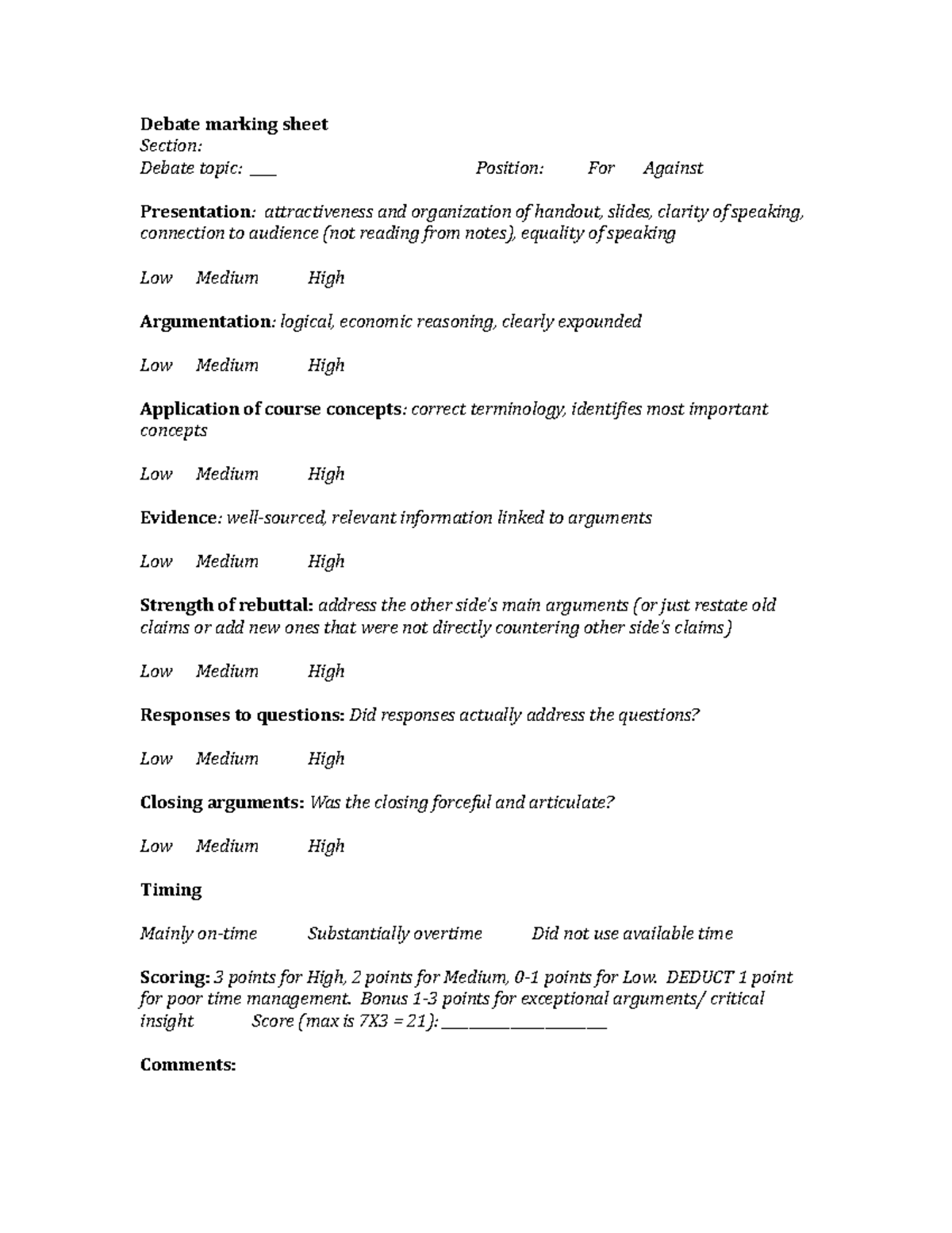 Debate marking sheet sm - Debate marking sheet Section: Debate topic ...