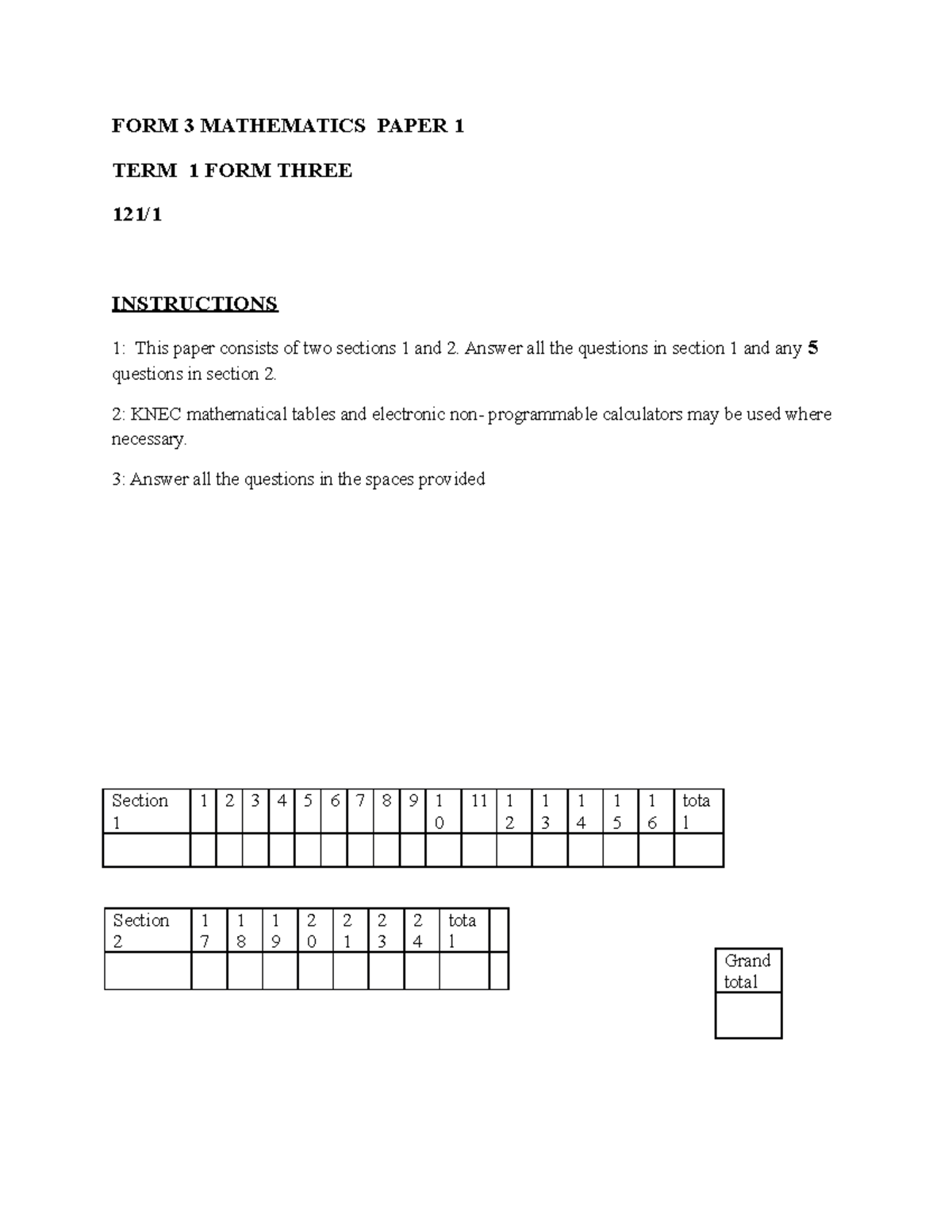Mathematics-FORM-3-paper-1 term 1 - FORM 3 MATHEMATICS PAPER 1 TERM 1 ...
